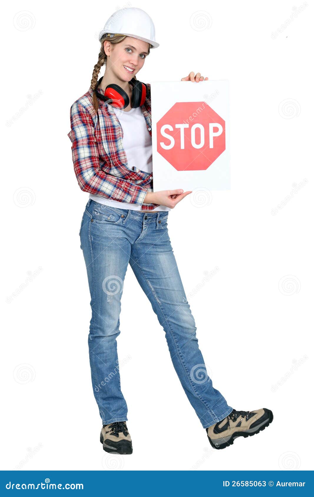 Female Apprentice Holding Stop Sign Stock Image - Image of corporate ...