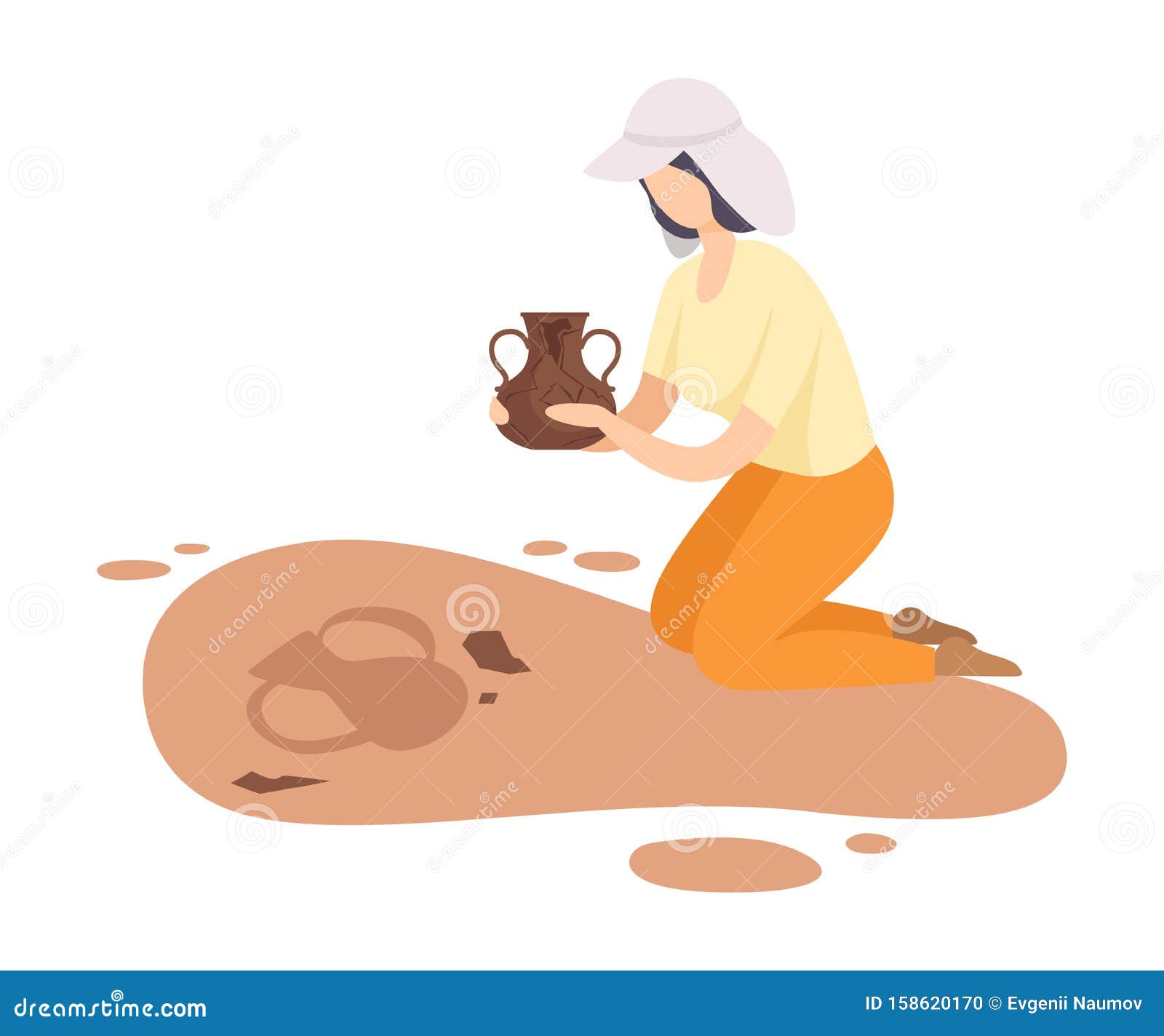 Female Archaeologist Kneeling And Holding Ancient Amphora Scientist