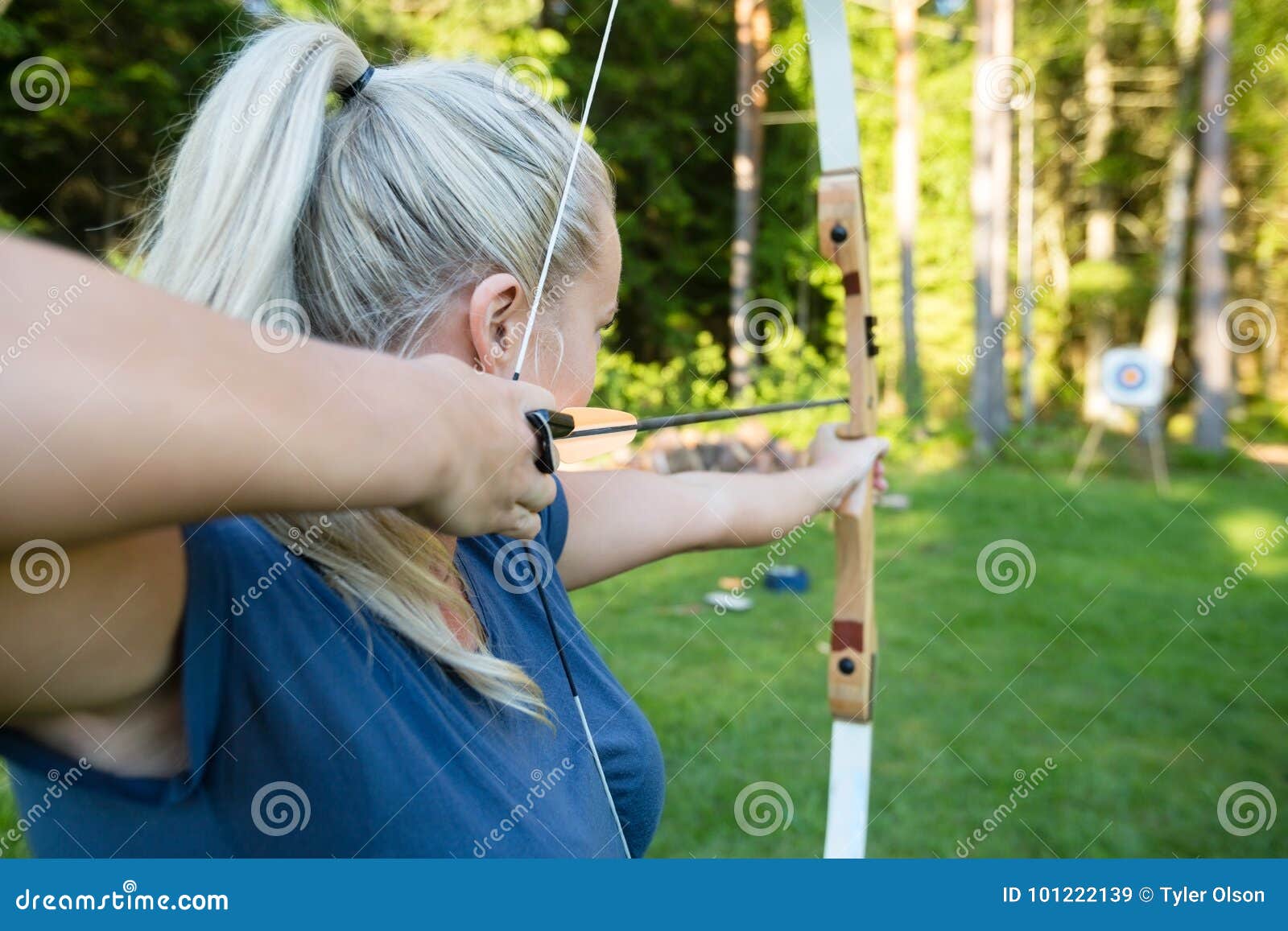 Female Archer Aiming Arrow at Target Board in Forest Stock Image ...
