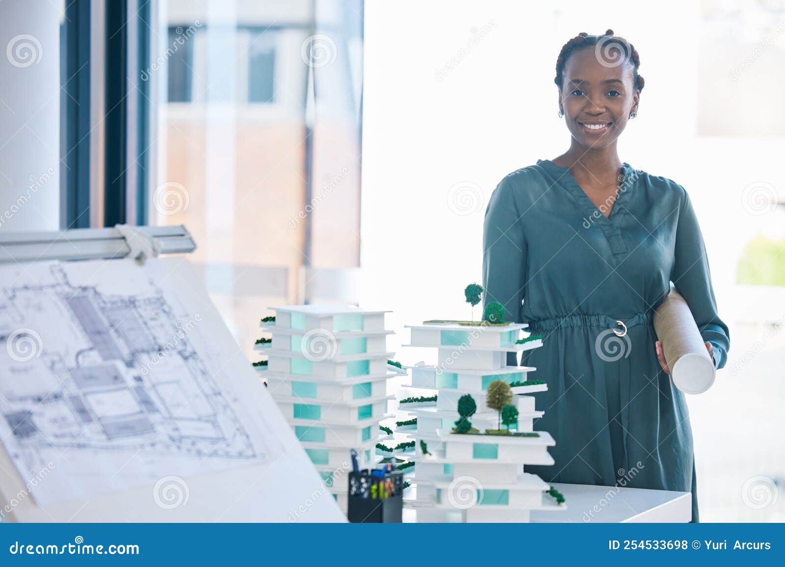 Female Architect with Architecture Design, 3D Model Structure and ...