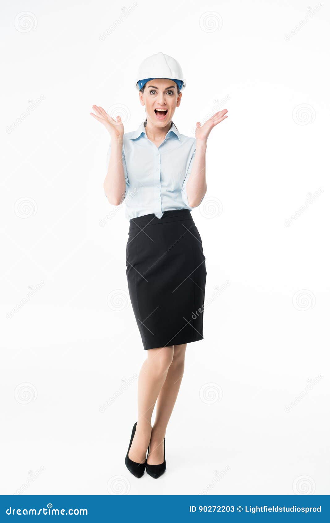 Exited Female Service Staff Showing Thumb Up Hand Gesture Stock ...
