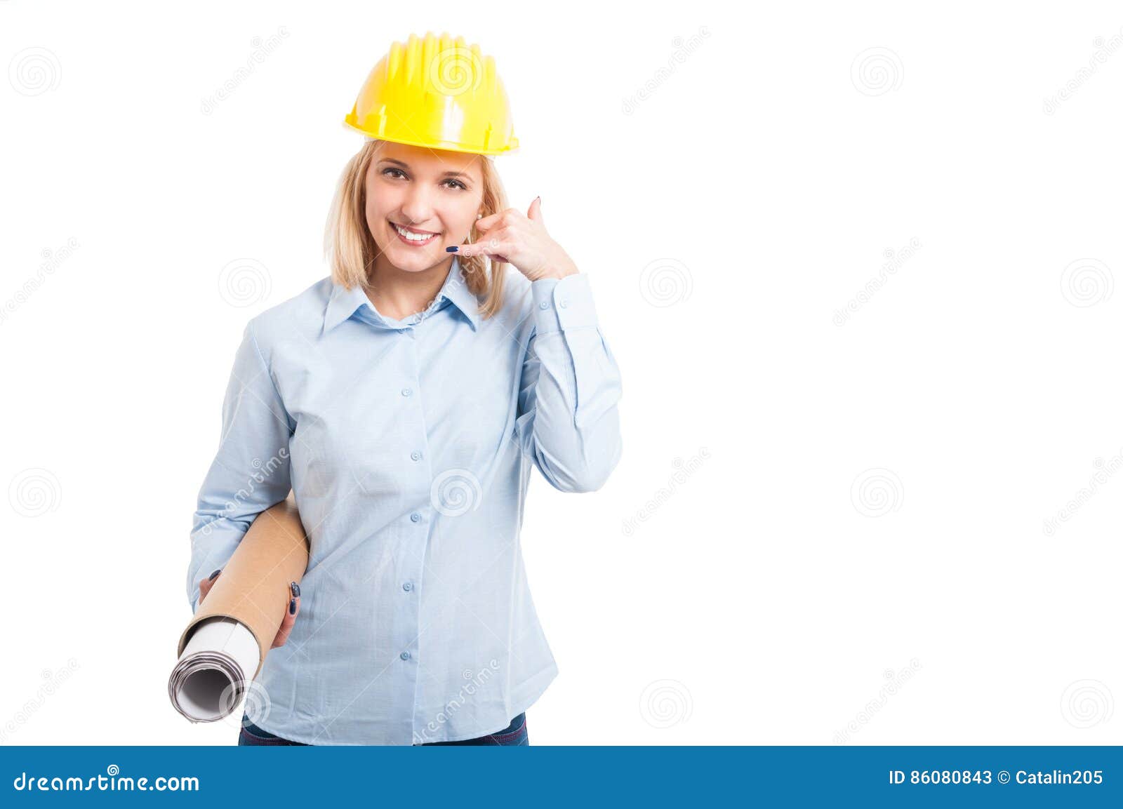 Female Architect Holding Blueprints Showing Call Me Stock Image - Image ... Female Architect Holding Blueprints Showing Call Me Stock Image - Image ...