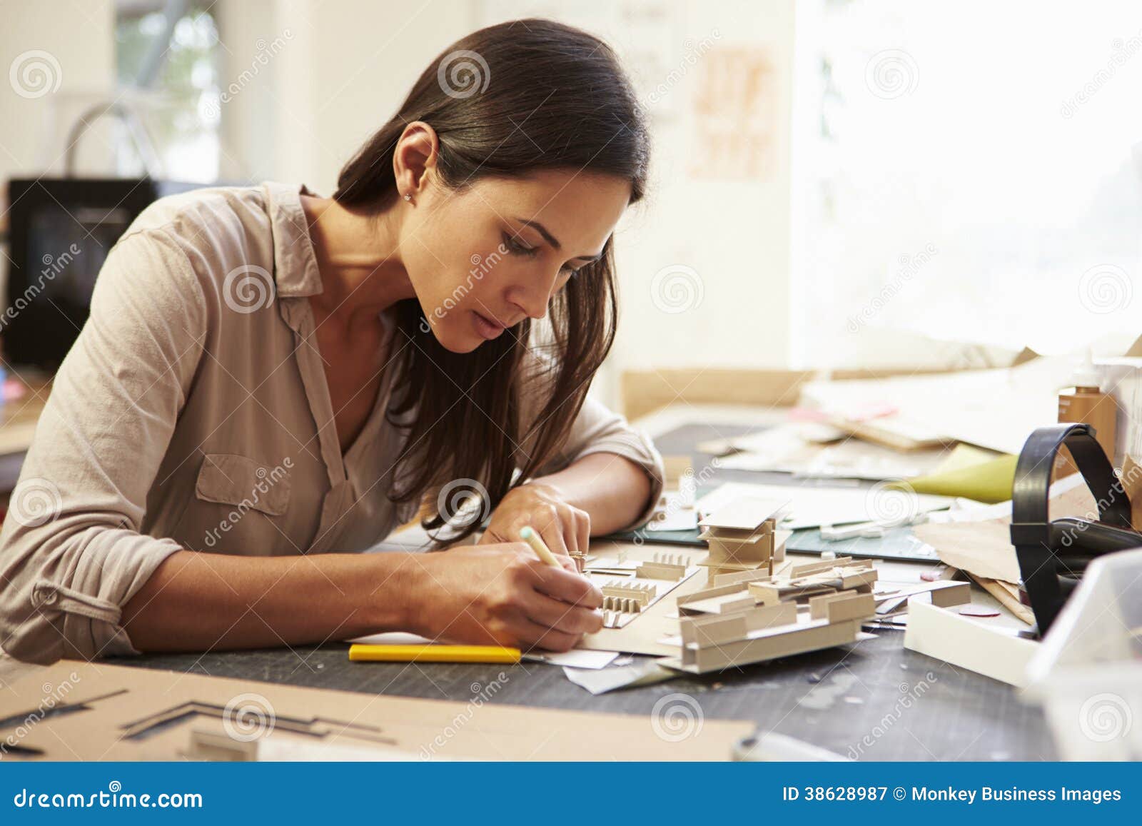 Female Architect Making Model in Office Stock Image - Image of ...