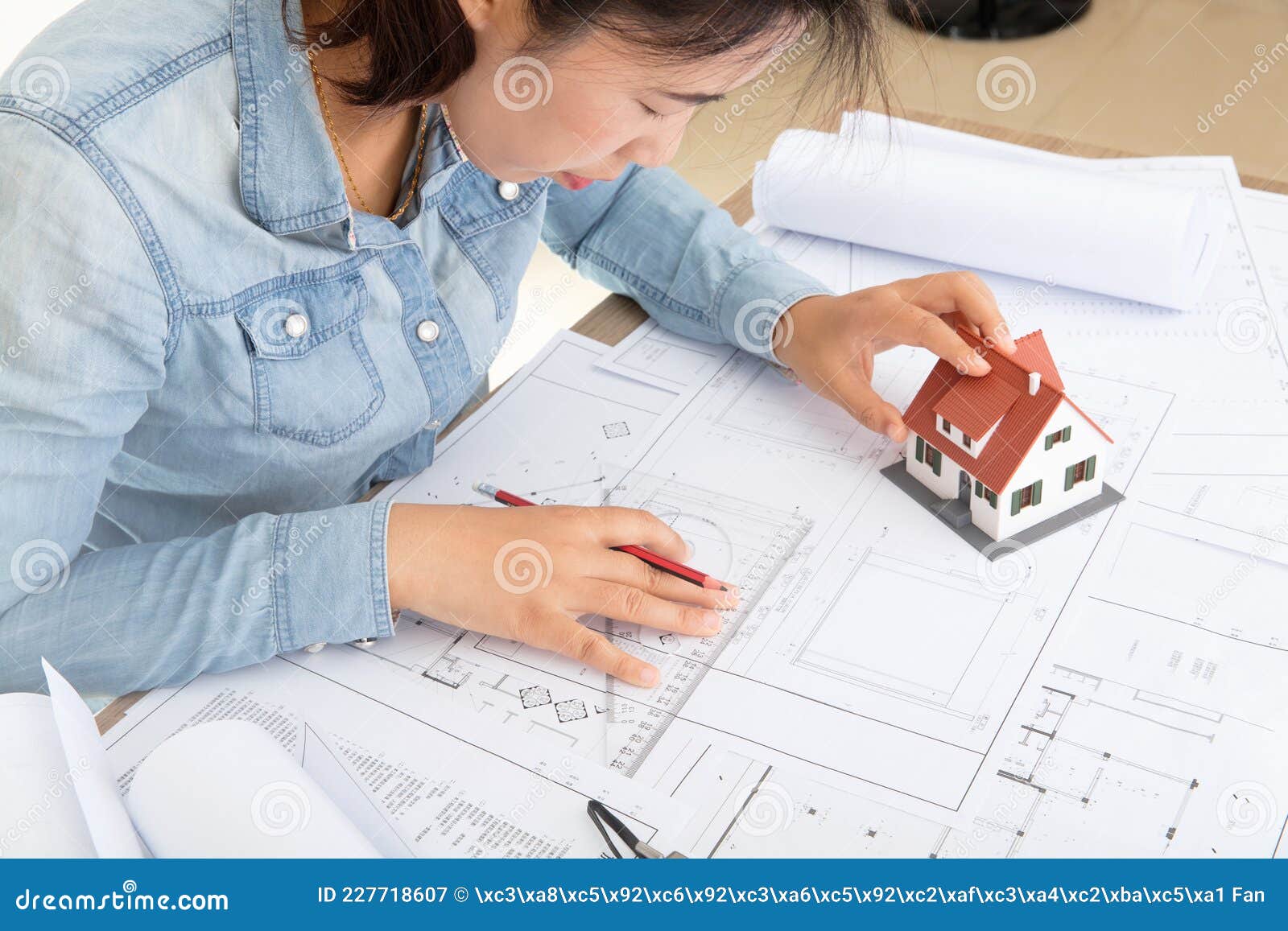 Female Architect is Revising Drawings Stock Image - Image of female ...