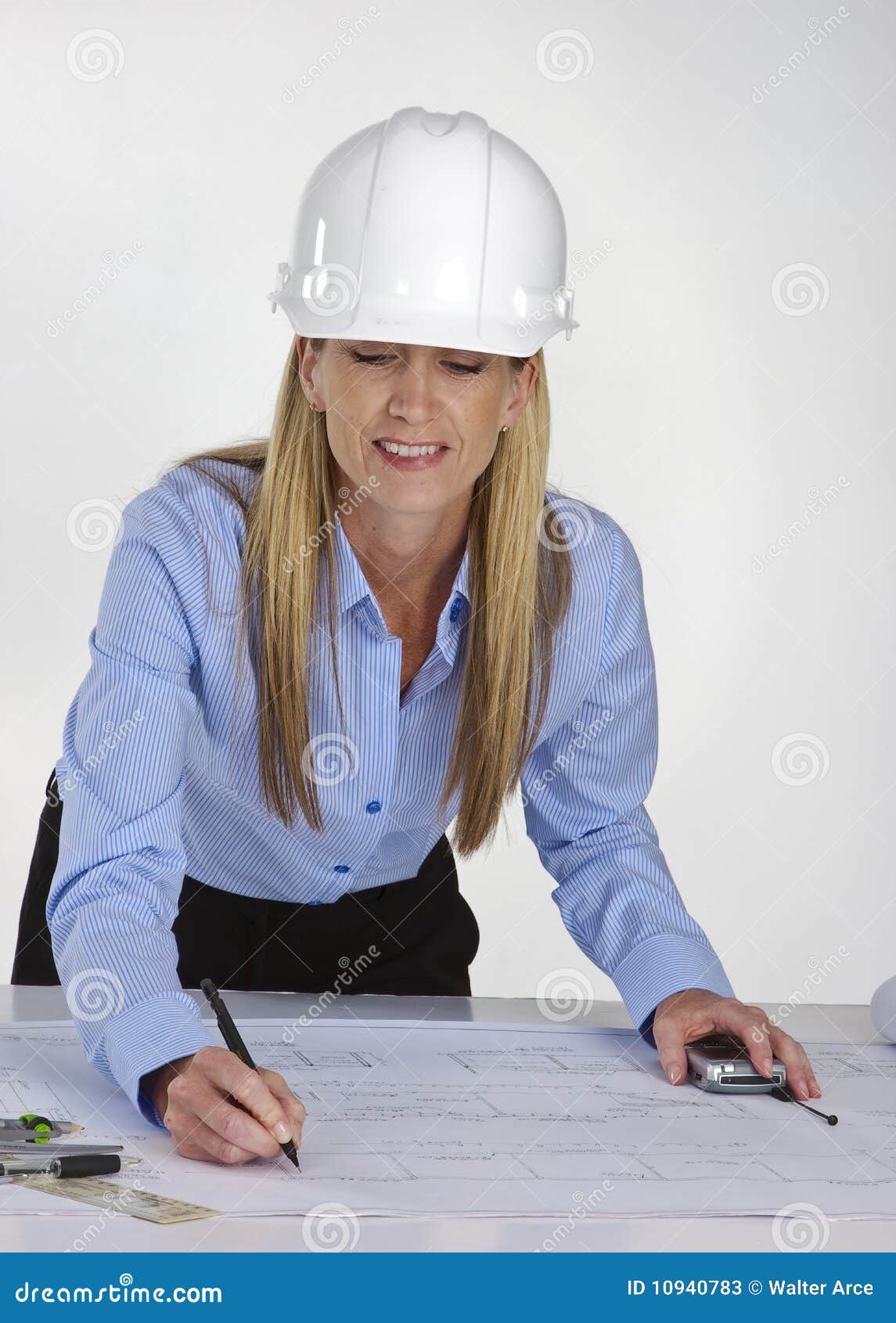Female Architect Working on Blue Prints Stock Image - Image of human ...