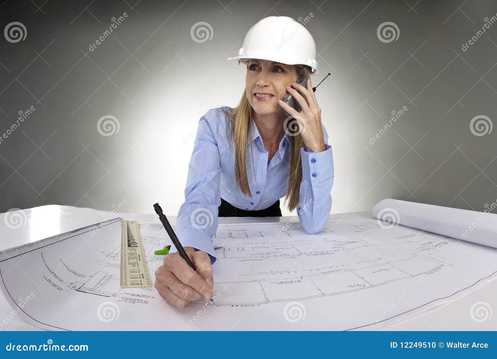 Female Architect Working on Blue Prints Stock Photo - Image of looking ...
