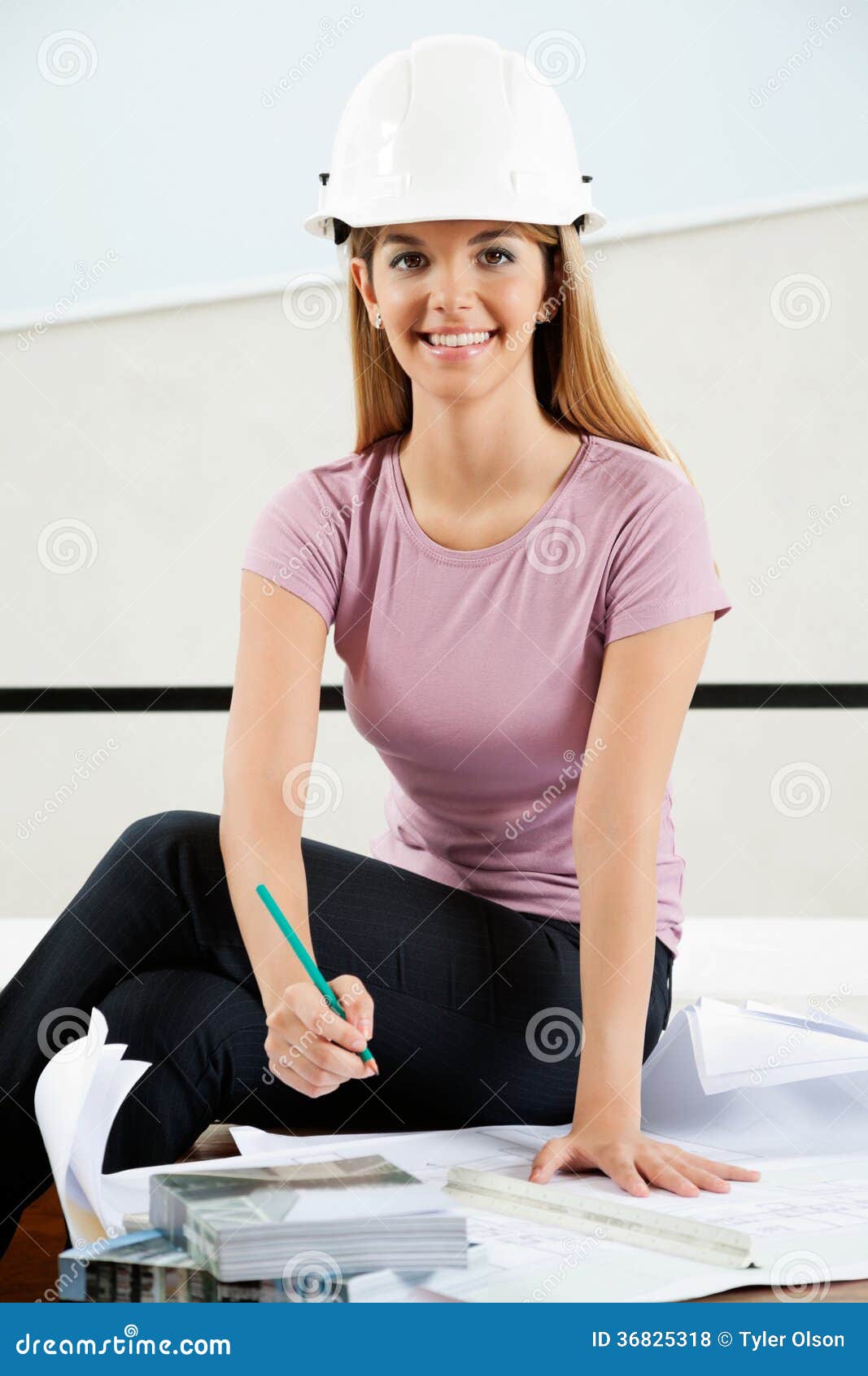 Female Architect Working on Blueprint Stock Photo - Image of hard ...