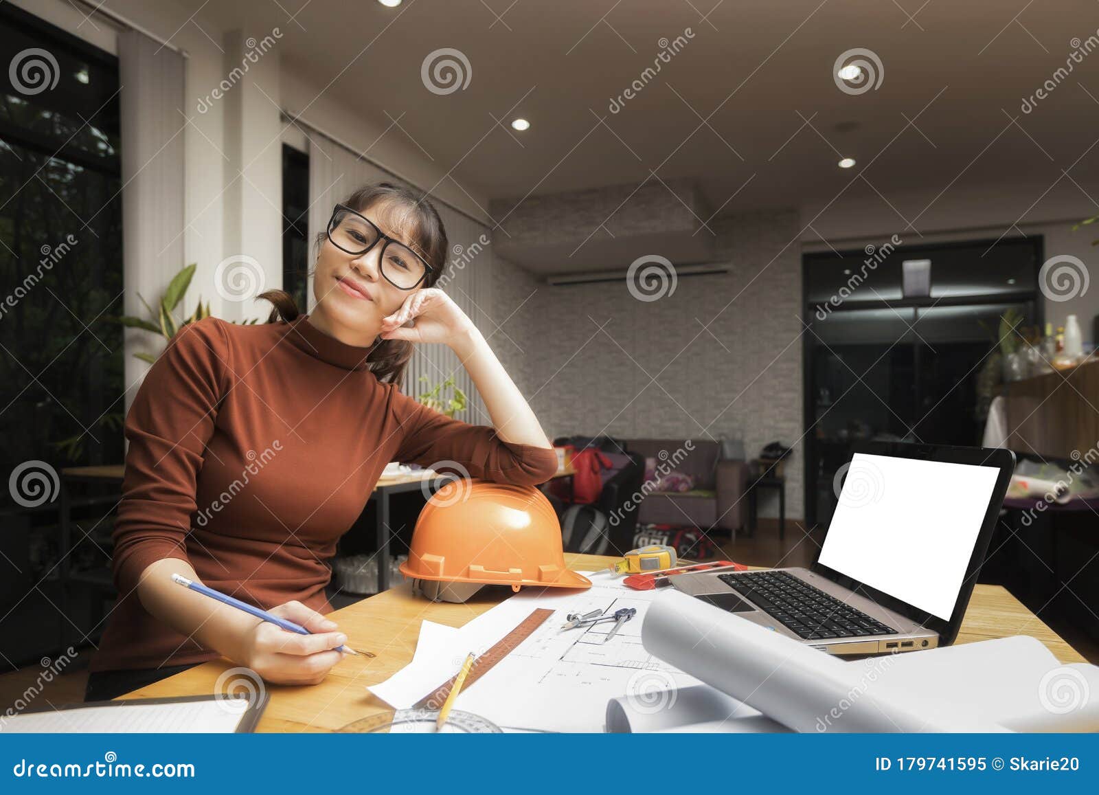 Female Architect Working with New Startup Project at Home Office Stock ...