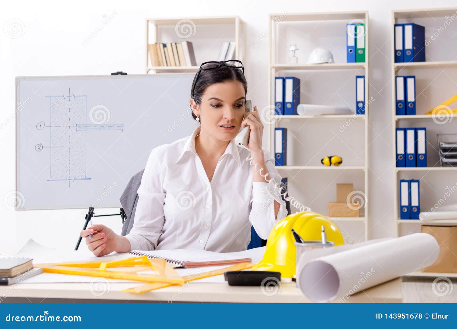 The Female Architect Working in the Office Stock Photo - Image of draft ...