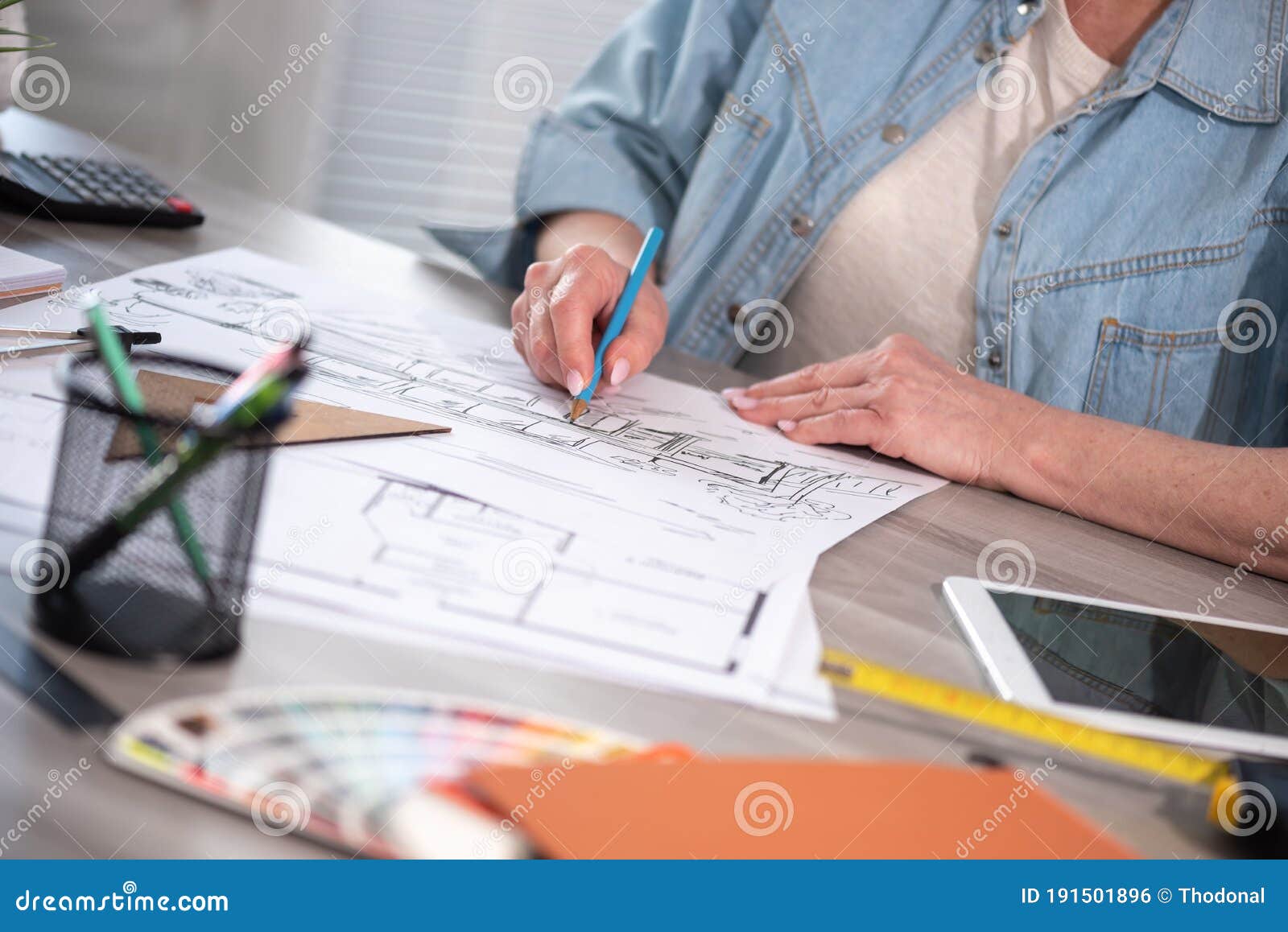 Female Architect Working on Sketch Stock Photo - Image of drawing ...
