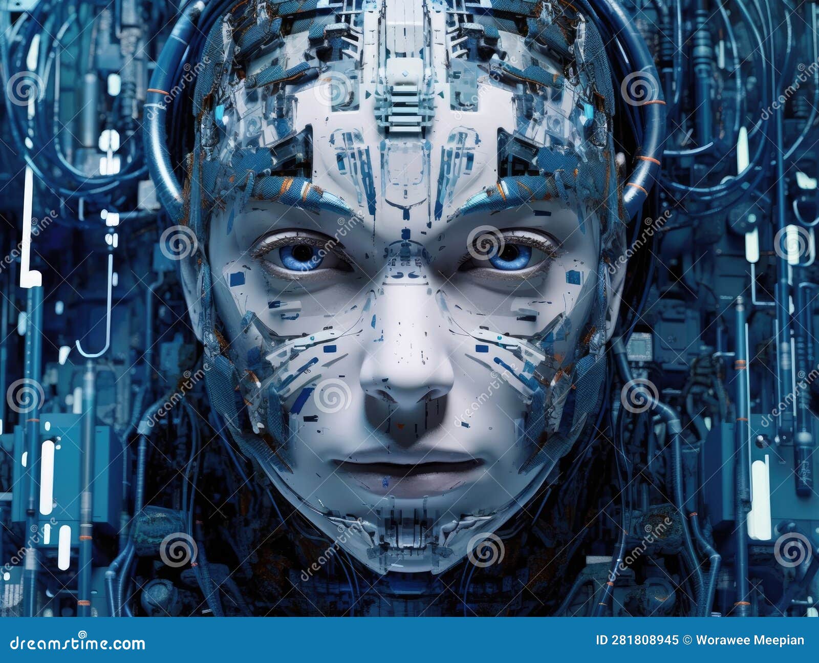 A Female Artificial Intelligence Android Head, with a Circuit Board on ...