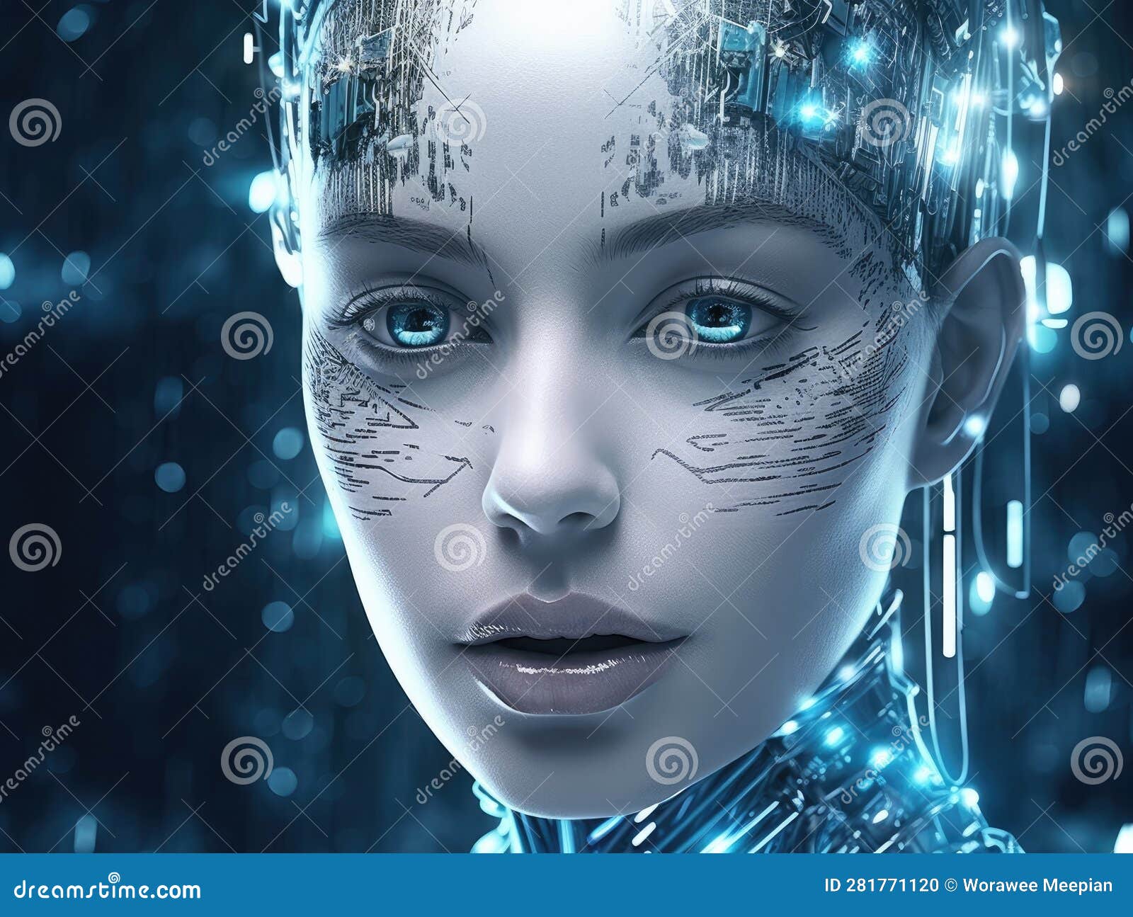 A Female Artificial Intelligence Android Head, Face Like Human Woman ...