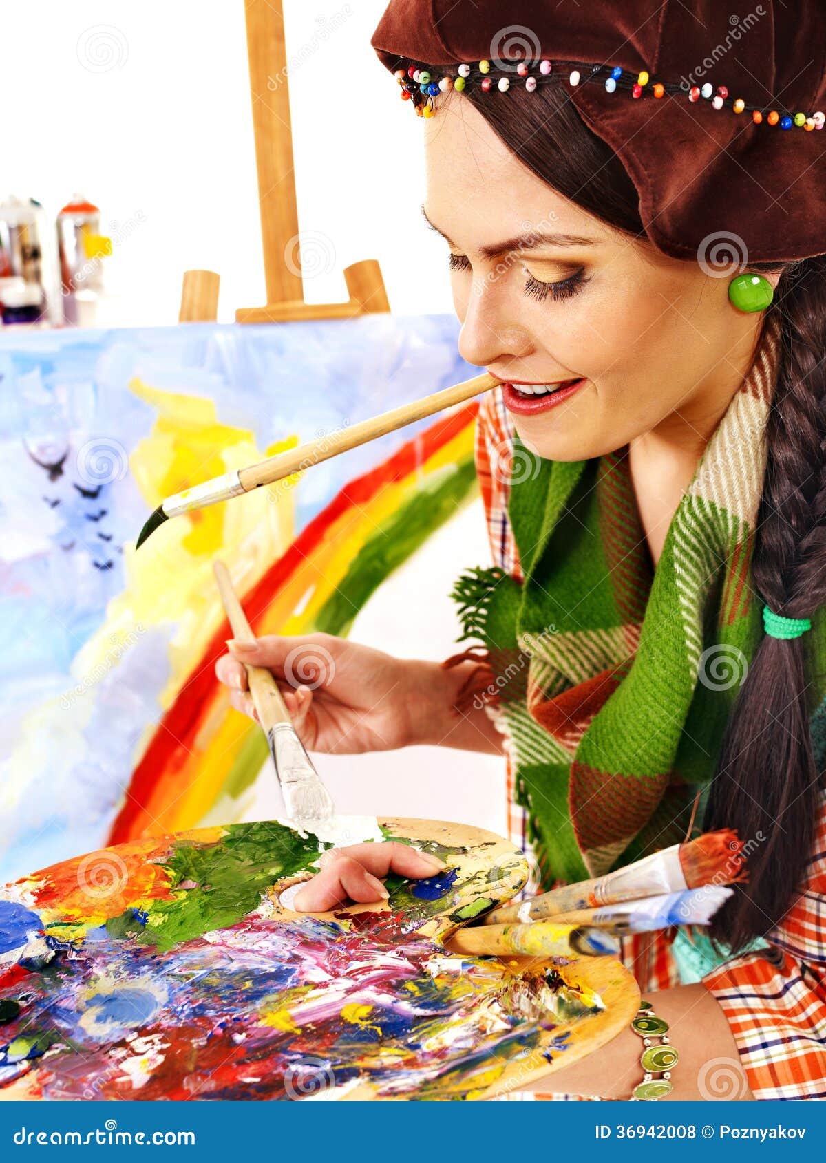 Female artist at work. stock photo. Image of girl, easel - 36942008