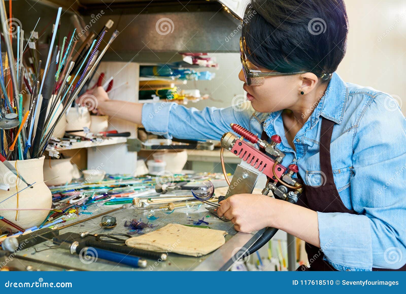 Female Artist Working with Glass Stock Photo - Image of burner, bead ...