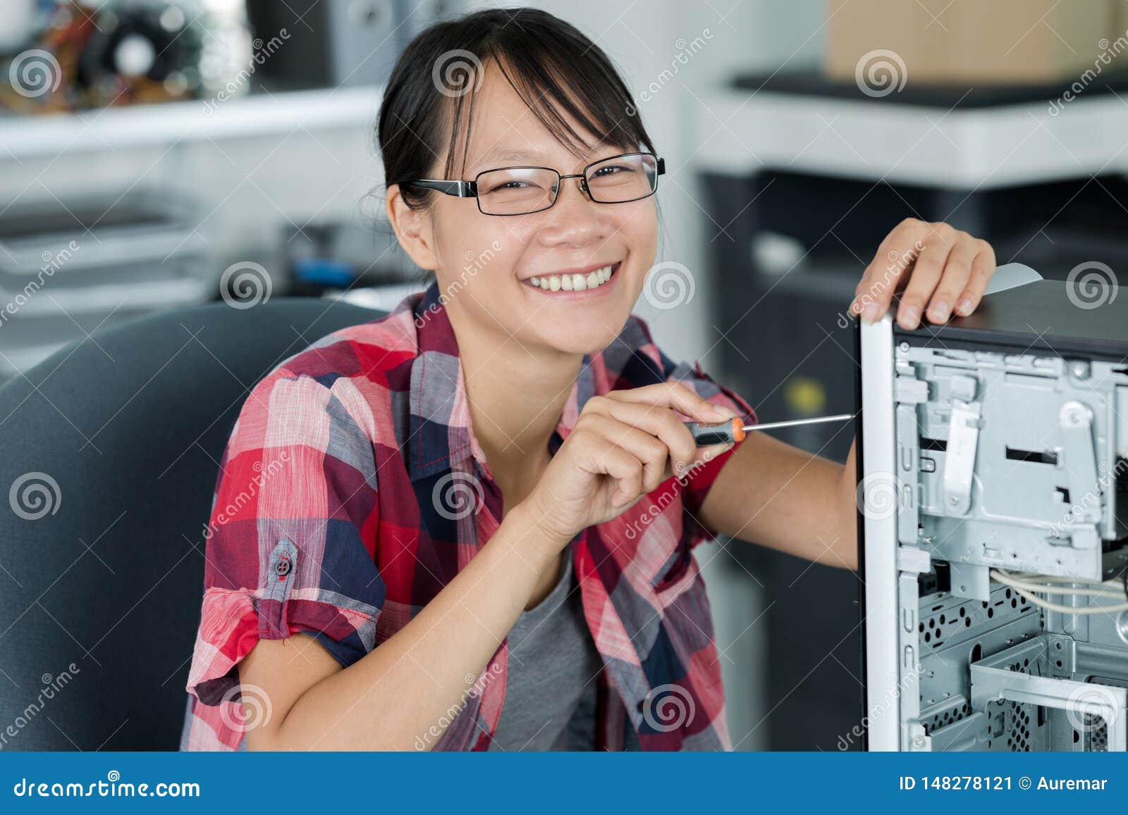 Female Asian Technician Working on Computer Stock Image - Image of ...