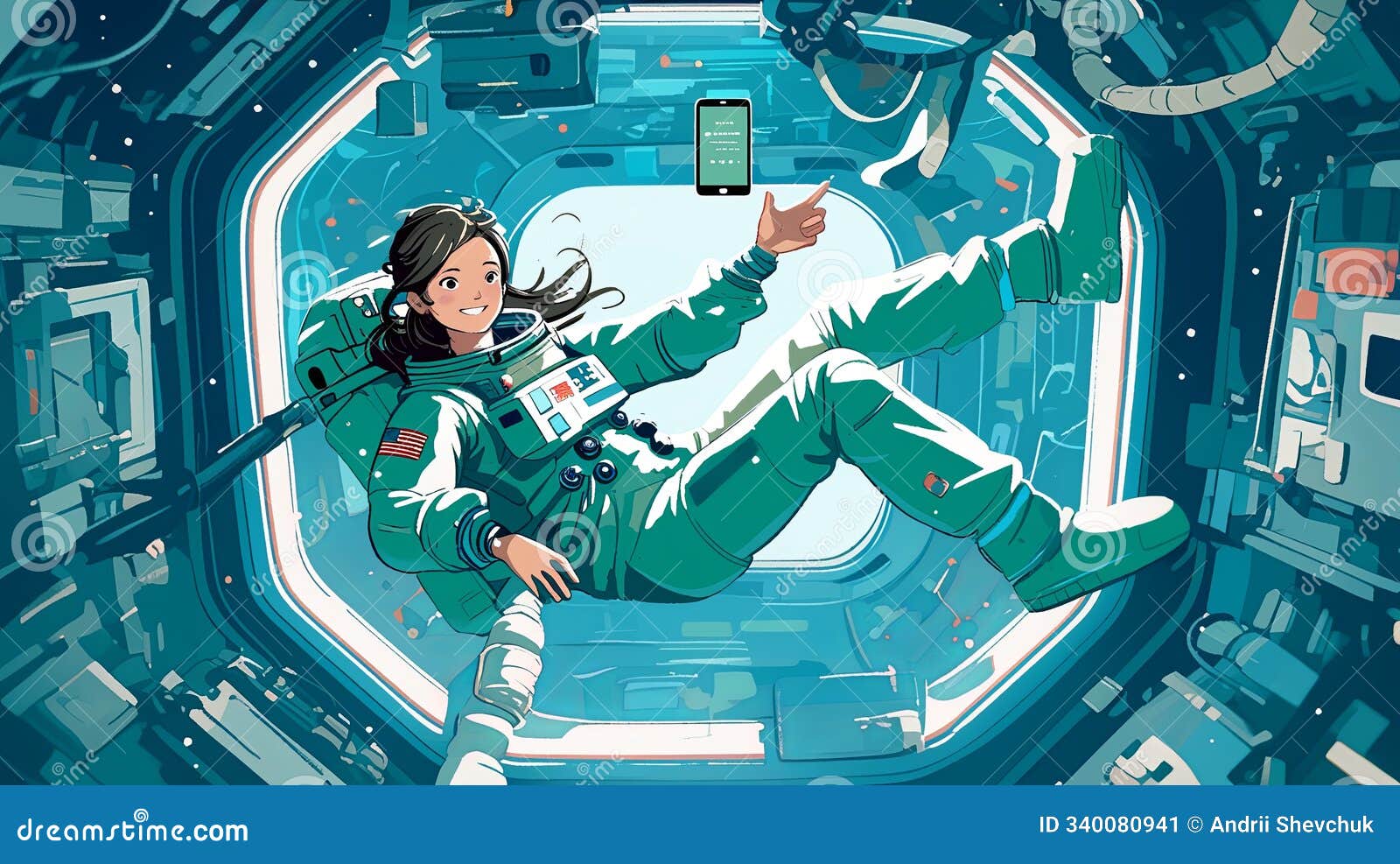 Female Astronaut Floating in a Spaceship Interior in Zero Gravity Stock ...