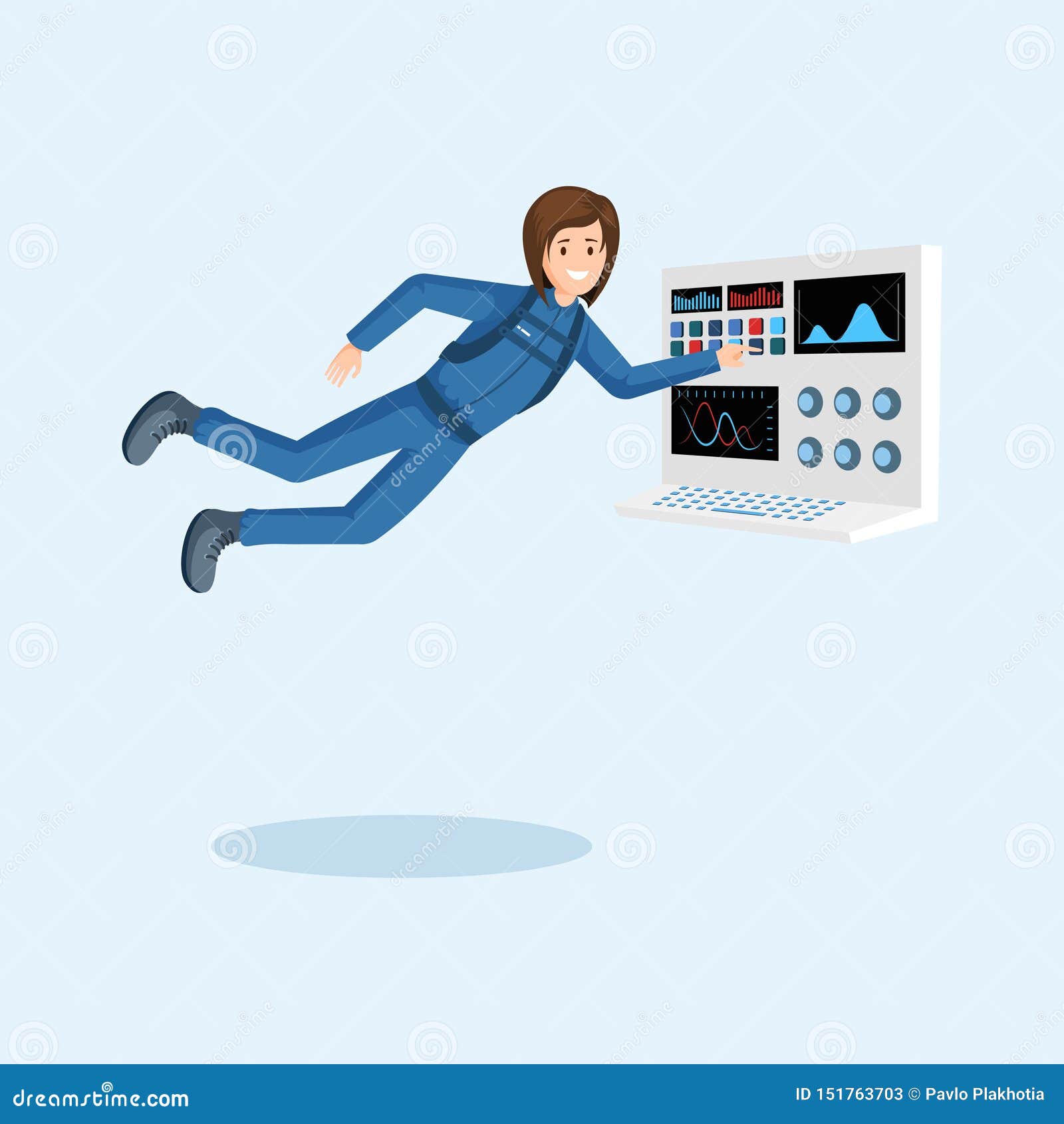 Female Astronaut Training Flat Illustration. Cosmonaut Floating in Zero ...