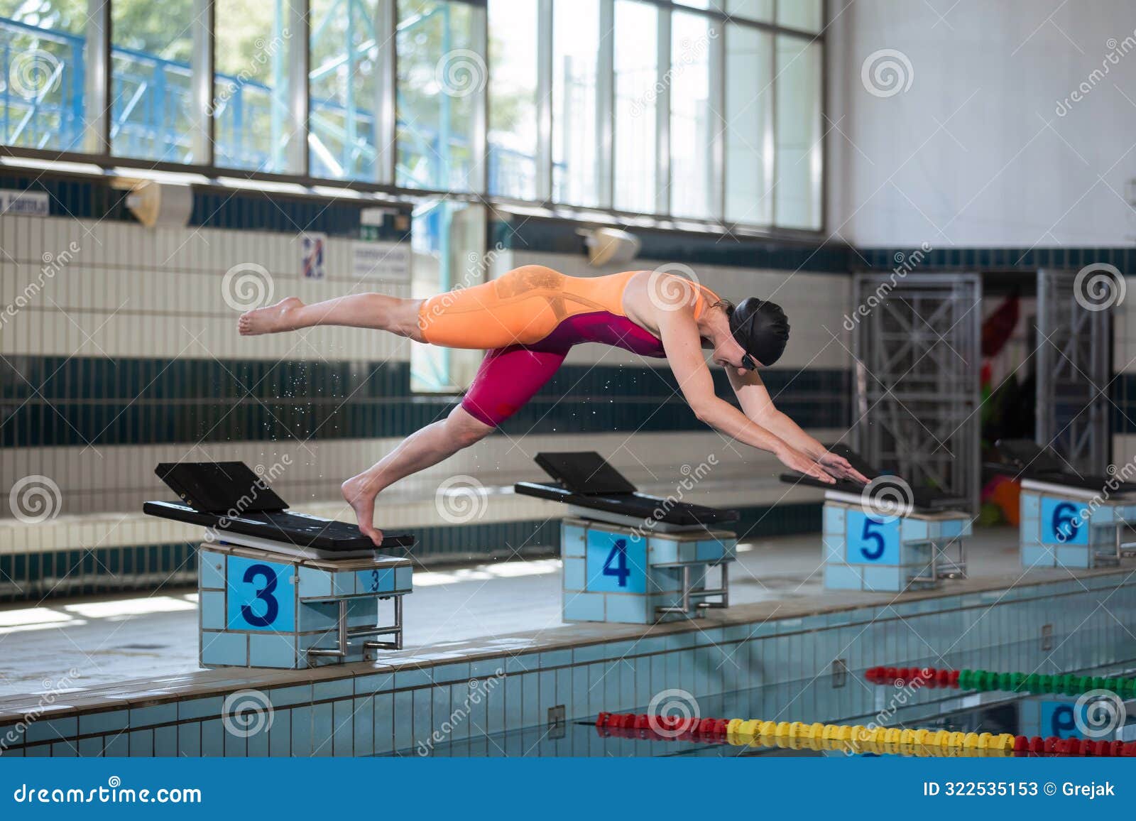 Female Athlete Preparing for a Dive Start and Jumping into the Pool ...