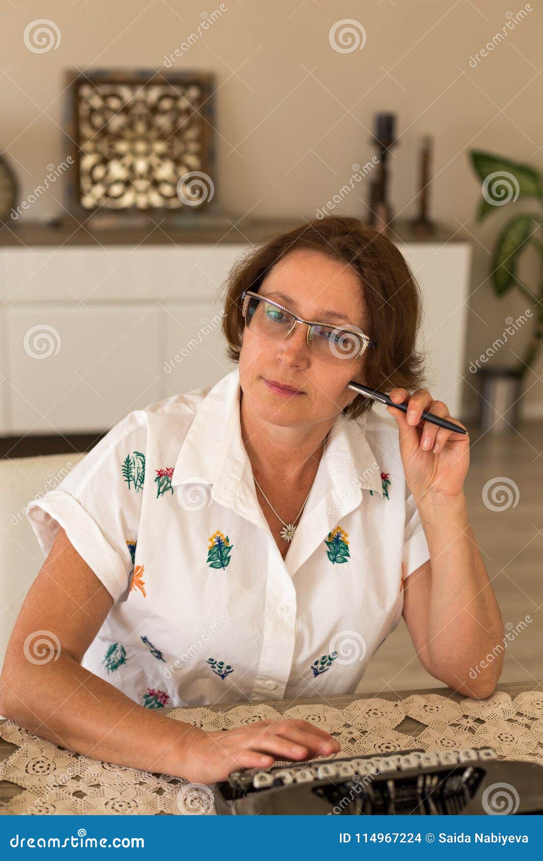 Female author thinking. stock photo. Image of internet - 114967224