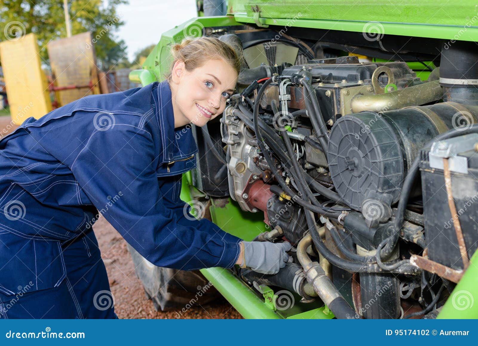 Female Auto Mechanic Fixing Engine Car Outdoors Stock Photo - Image of ...