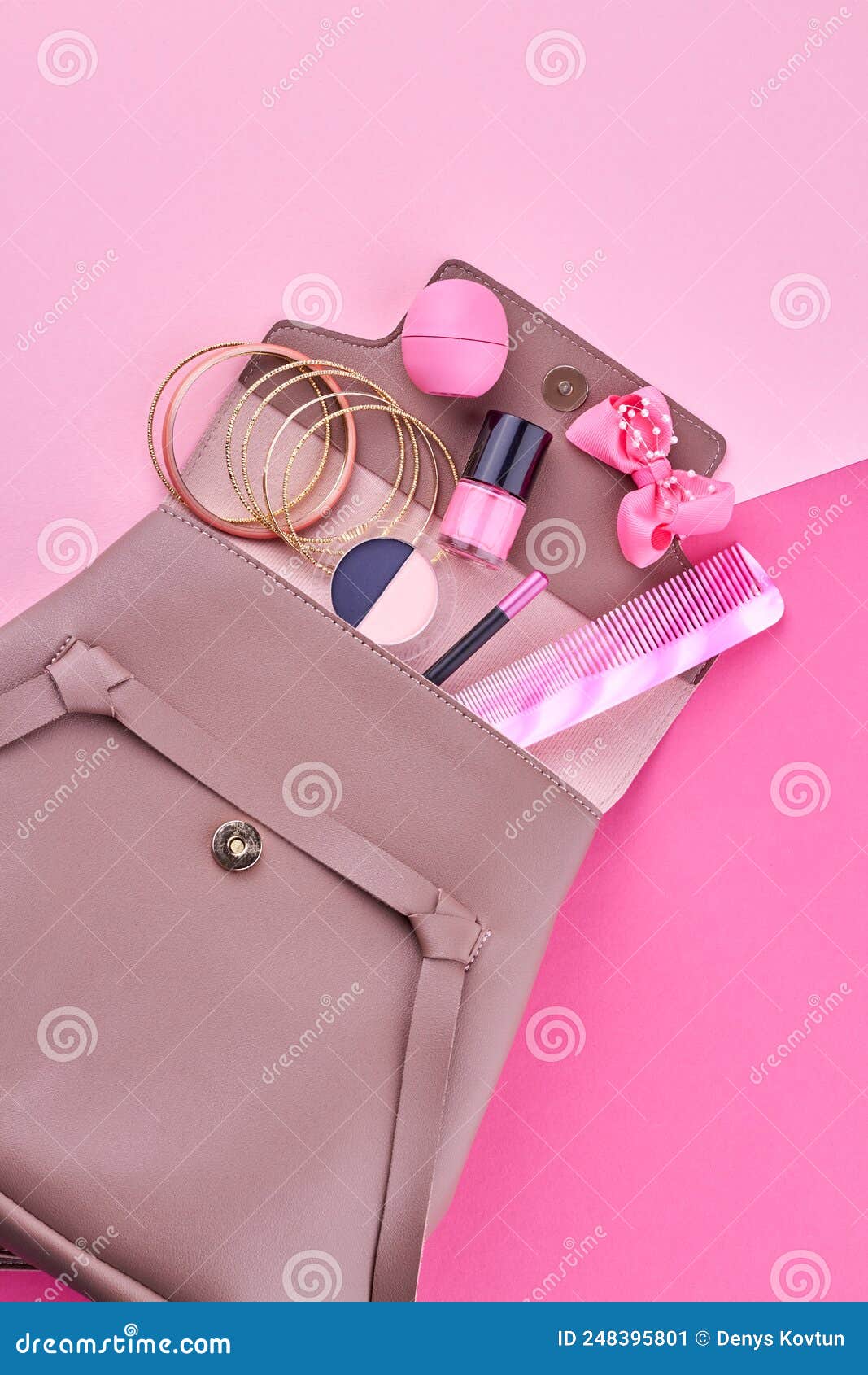 Female Backpack with Cosmetics and Makeup Accessories on Color ...