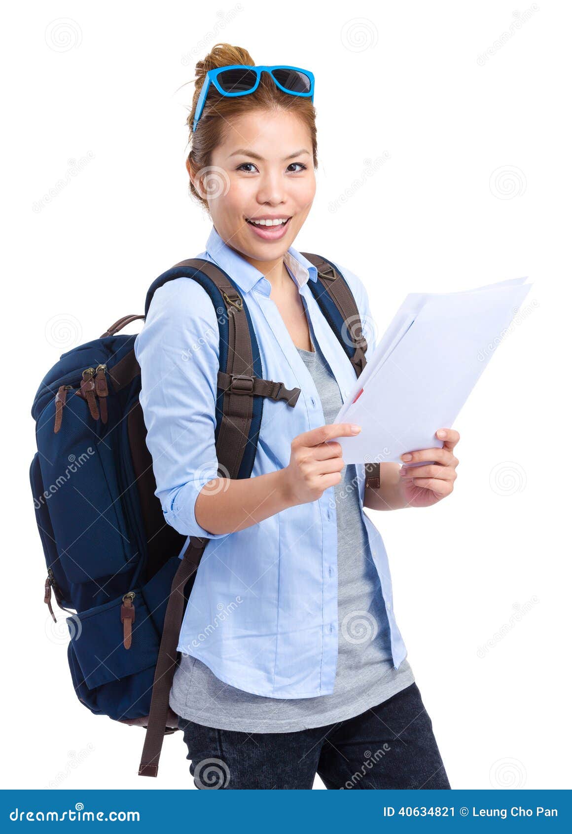 Female with backpack stock image. Image of portrait, happy - 40634821