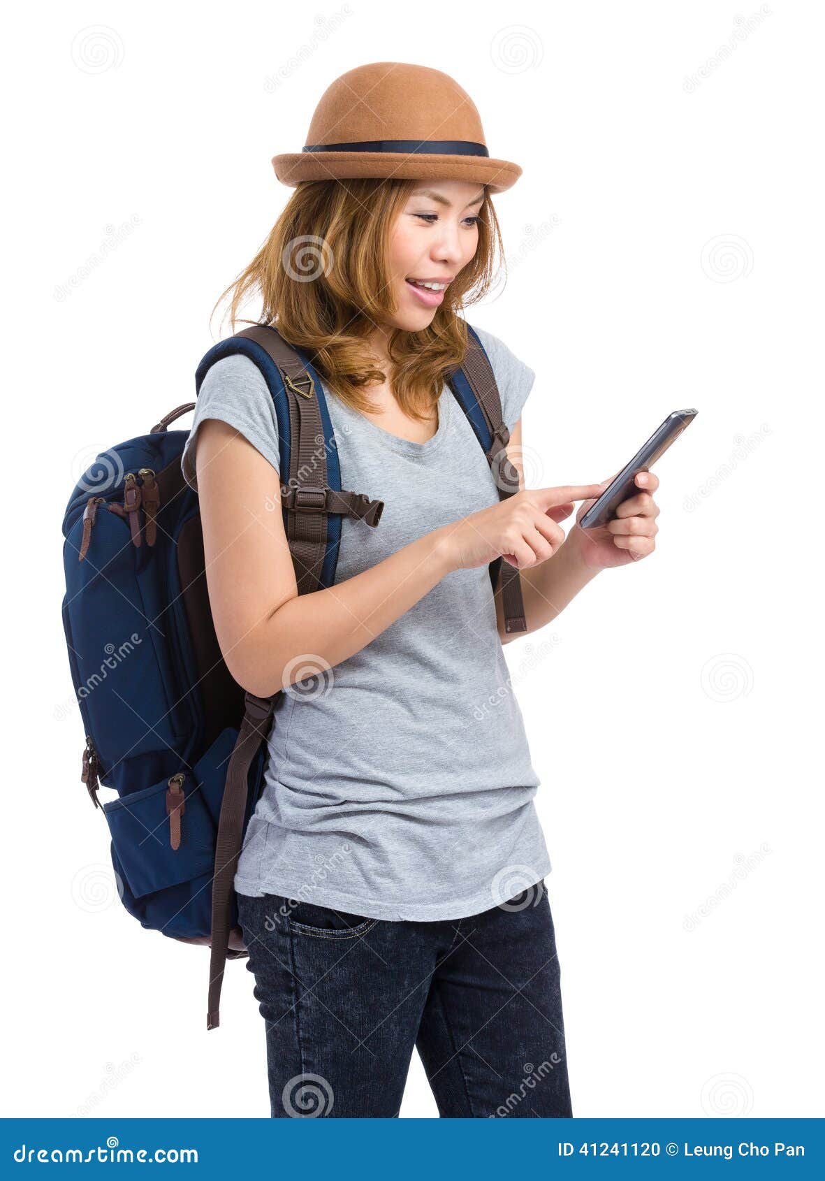Female Backpacker Look at Mobile Phone Stock Photo - Image of journey ...