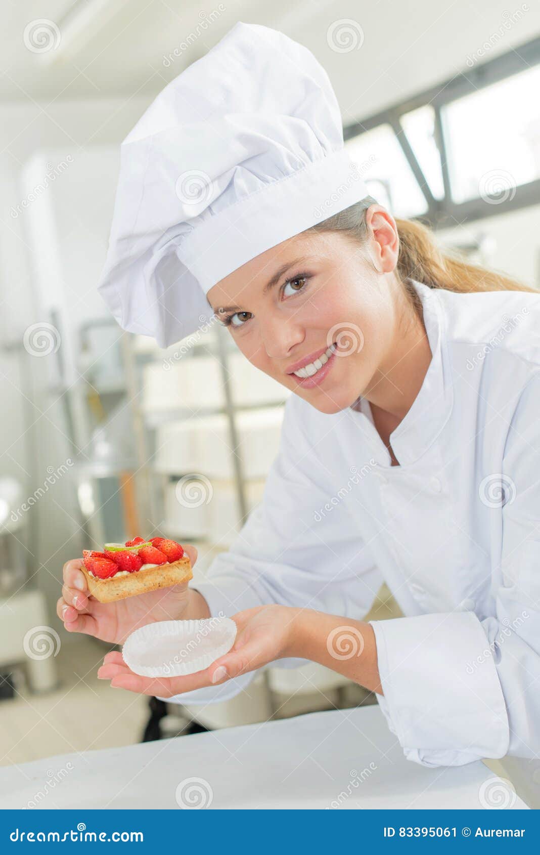 Female baker proud cake stock image. Image of strawberry - 83395061