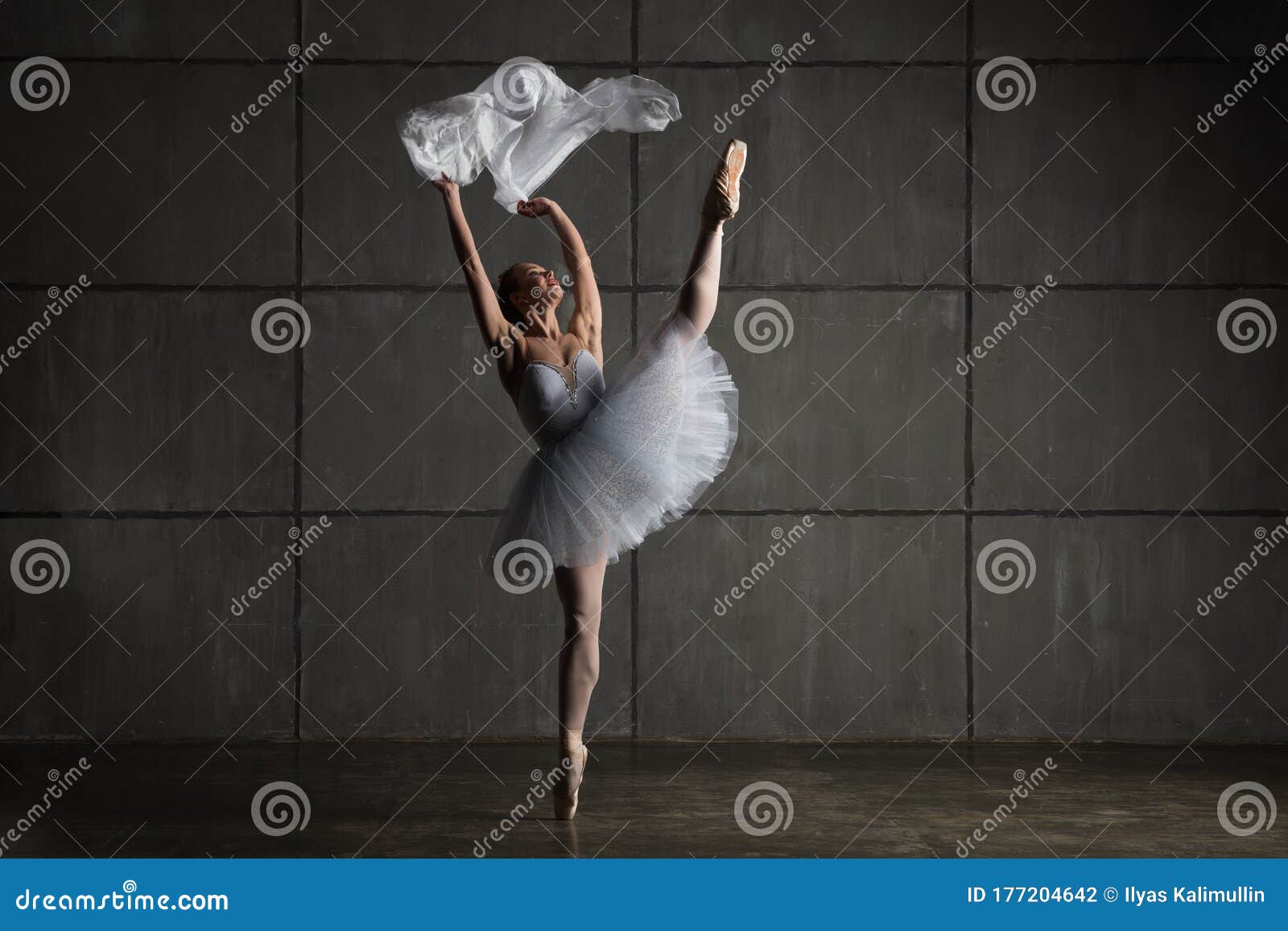 Ballet Dancer in Gray Ballroom Dancing with Cloth Stock Photo - Image ...