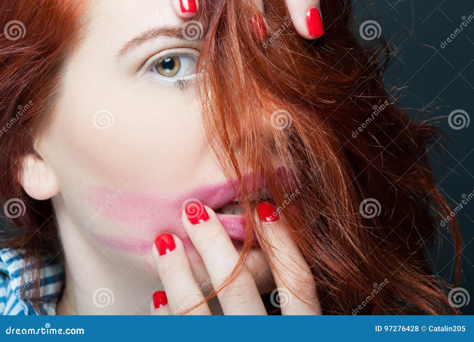 Female Beautiful Face with Smeared Lipstick Stock Photo - Image of face ...