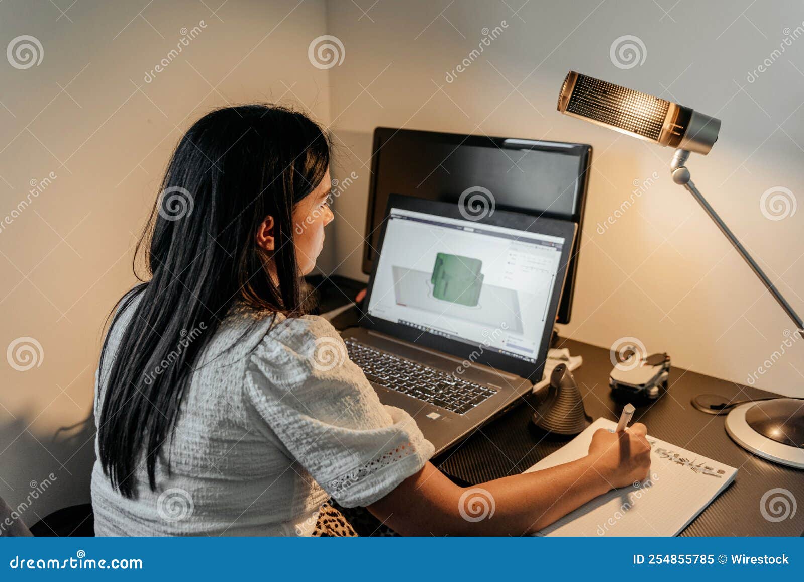 Female from Behind Sitting at Her Desk and Working on Her Laptop Stock ...