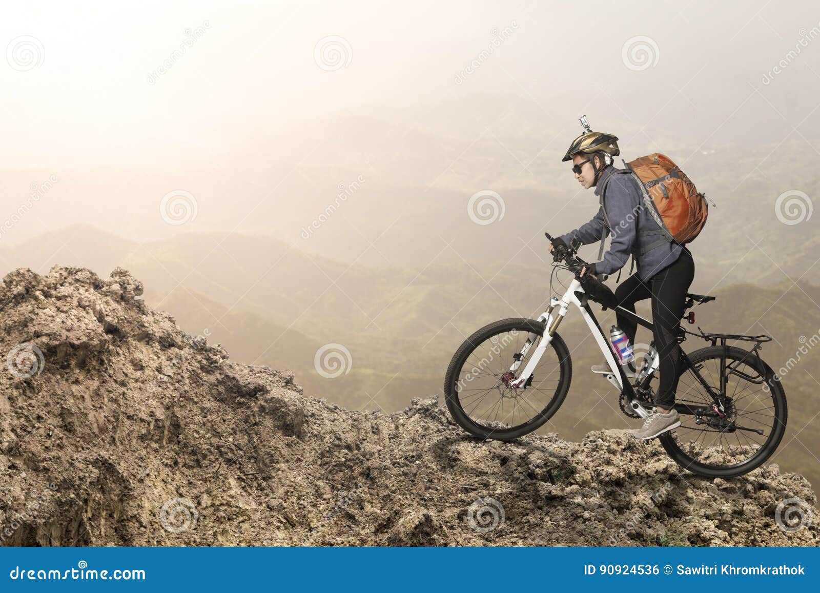 Female Biker Riding on Bicycle in Mountains Stock Photo - Image of ...