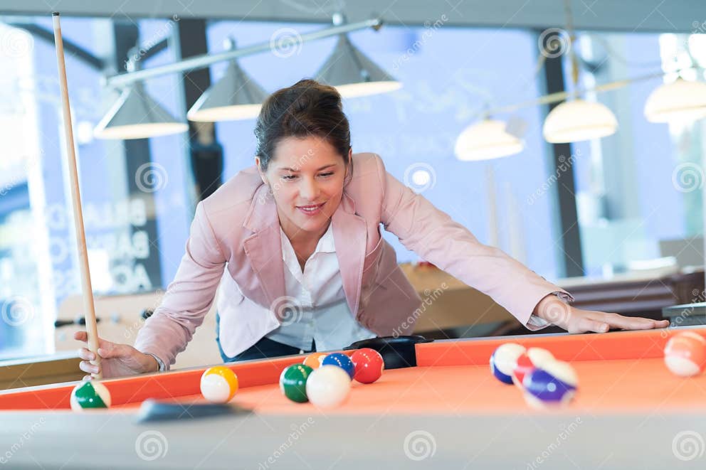 Female Billiard Player Setting Balls and Ready for Play Stock Photo - Image of billiard, adult ...