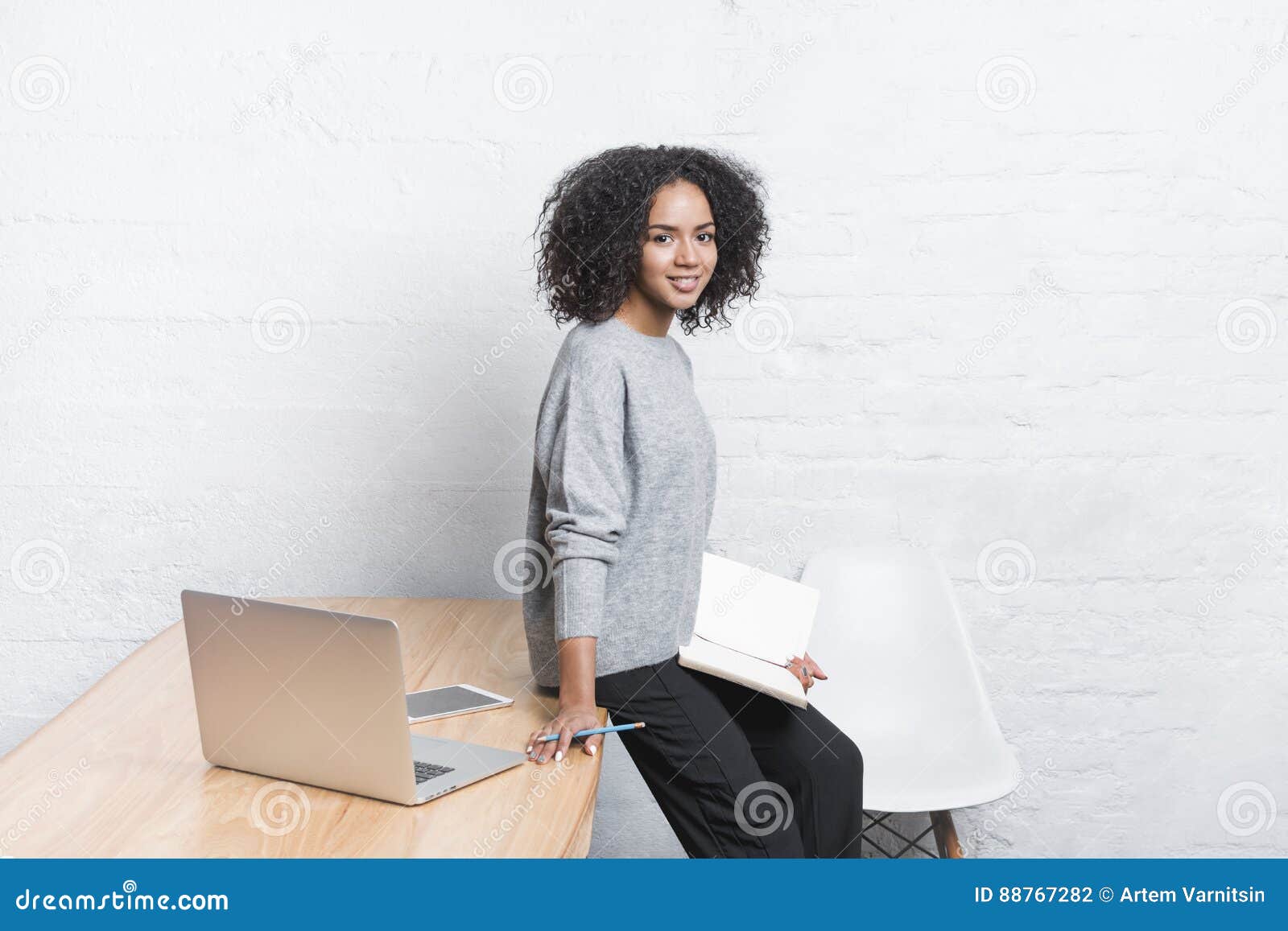 Female Blogger Standing at Table Stock Photo - Image of professional ...