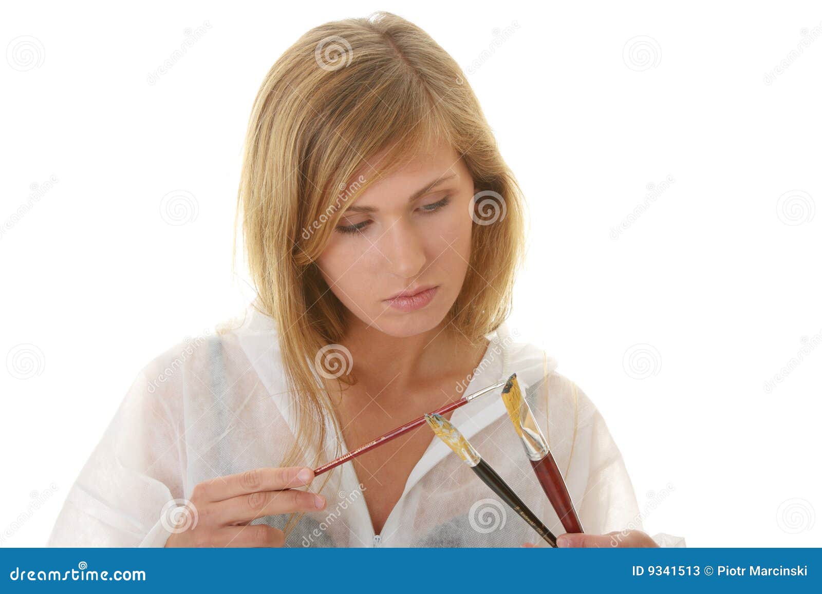 A Female Blond Artist in White Uniform Stock Image - Image of female ...