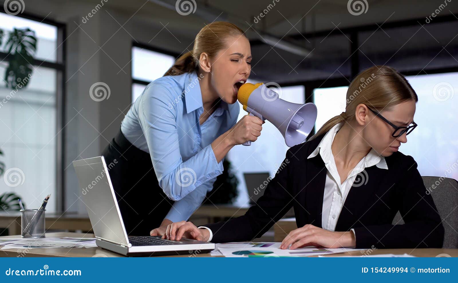 Female Boss Screaming with Megaphone at Colleague, Authoritarian ... Female Boss Screaming with Megaphone at Colleague, Authoritarian ...