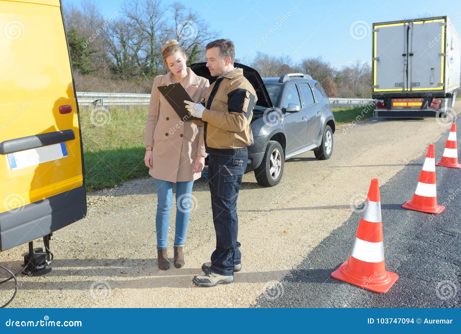 Female with Broken Car and Car Assistance Helping Stock Photo - Image ...