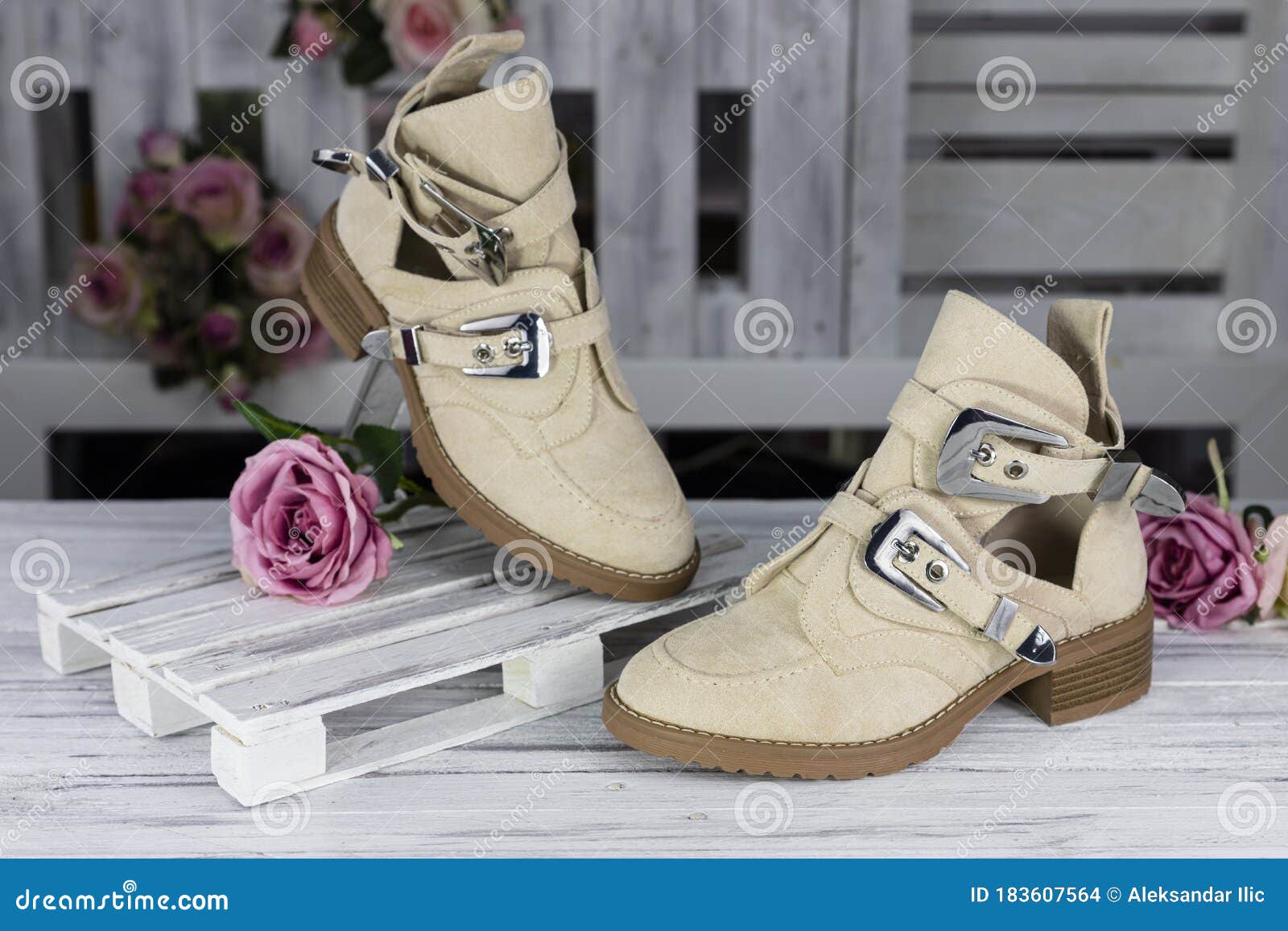 Female Leather Shoes on Rustic Wooden Surface Stock Photo - Image of ...