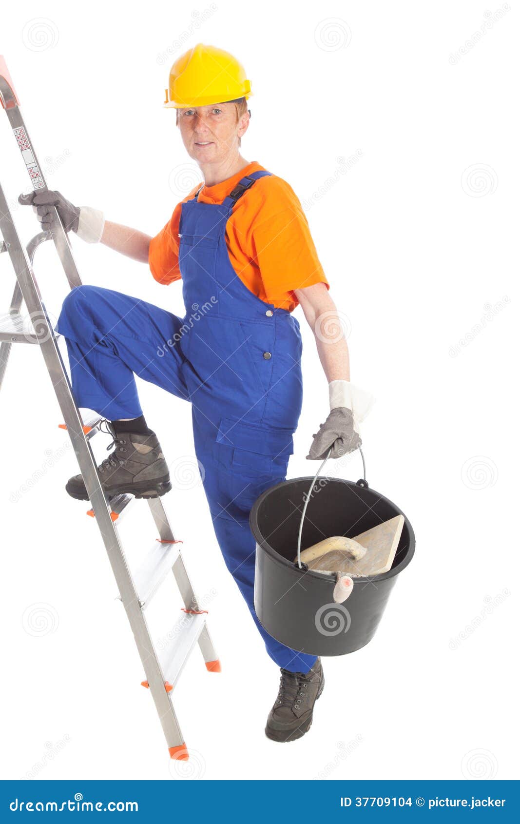 Female Builder with Bucket and Ladder Stock Photo - Image of people ...