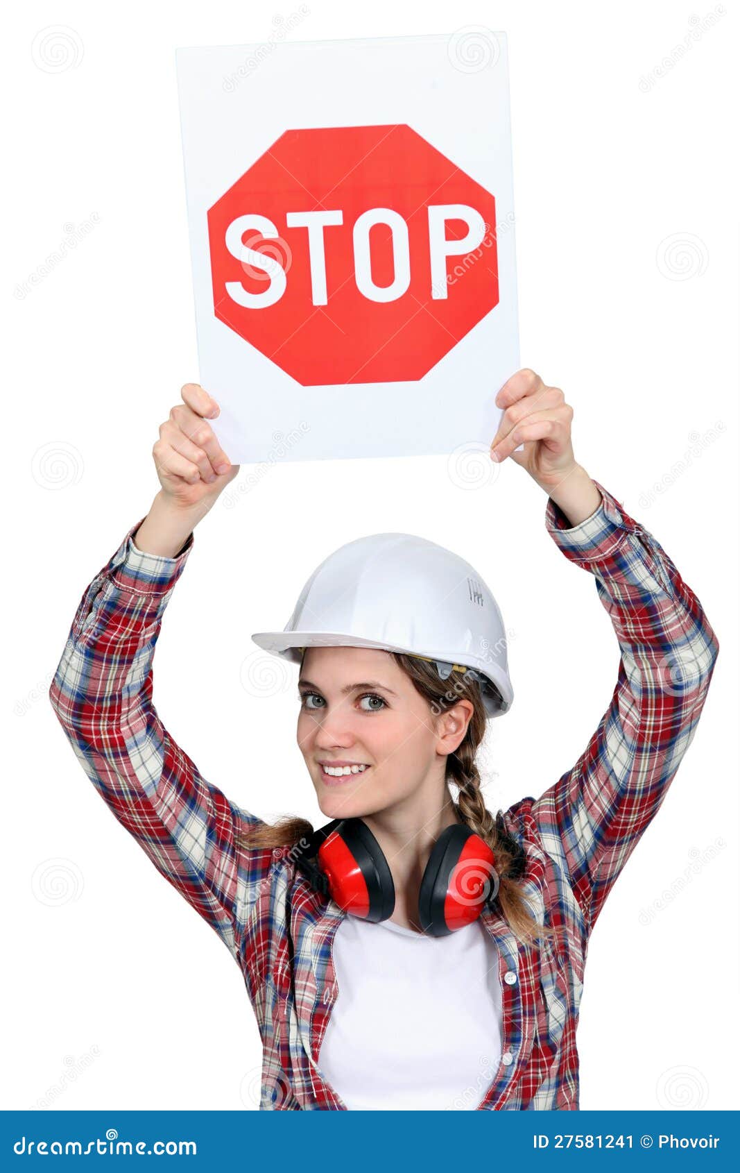 Female Builder Holding Stop Sign Stock Image - Image of girl ...