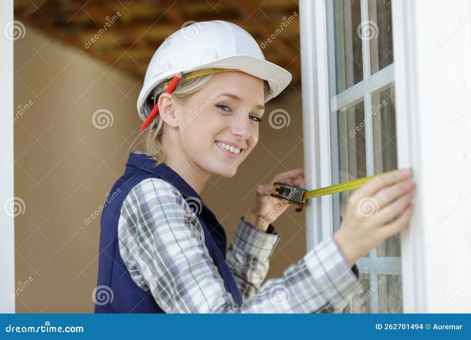 Female Builder Measuring Window Stock Photo - Image of people ...