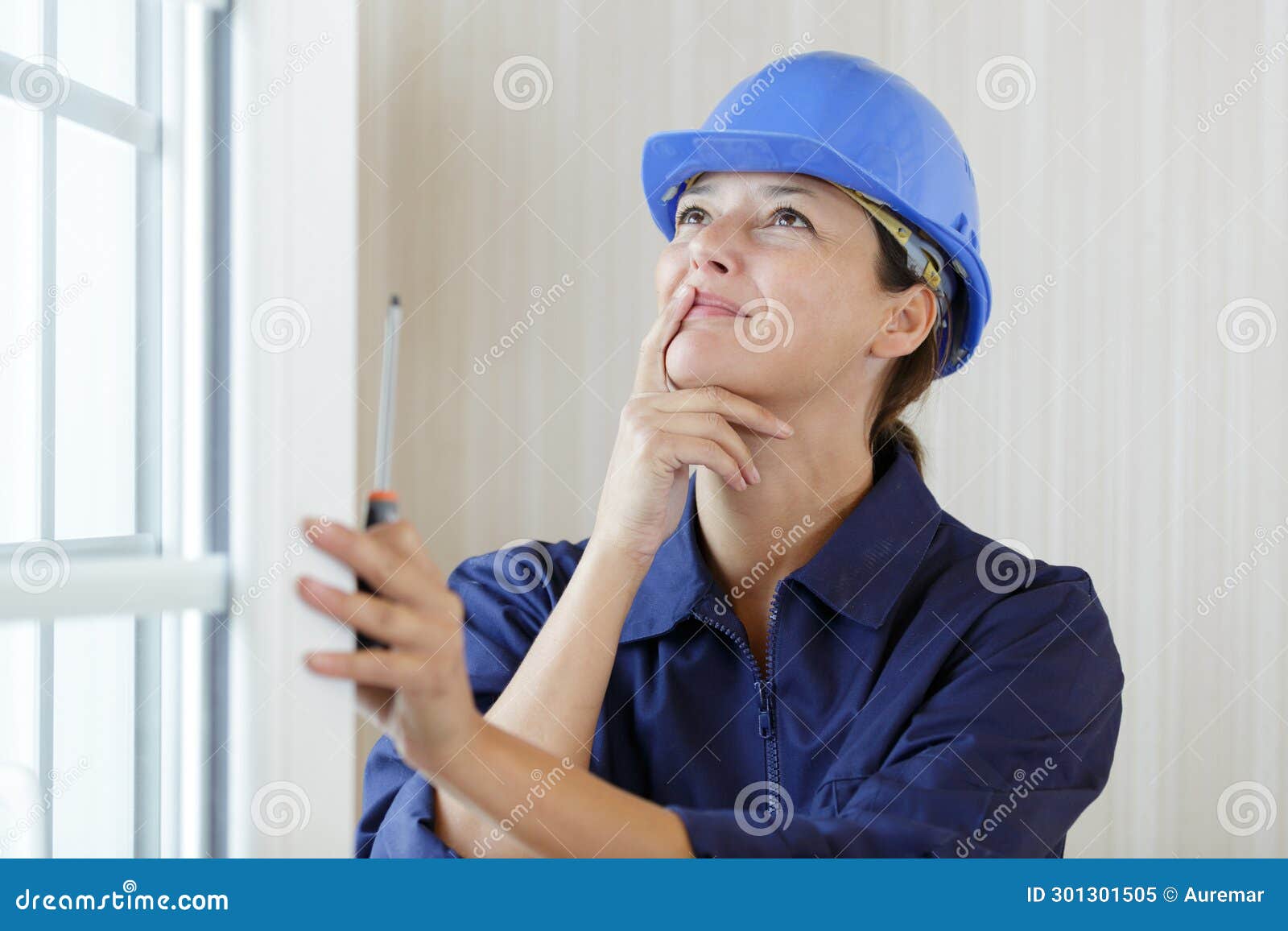 Female Builder Thinking about Solution Stock Image - Image of ...
