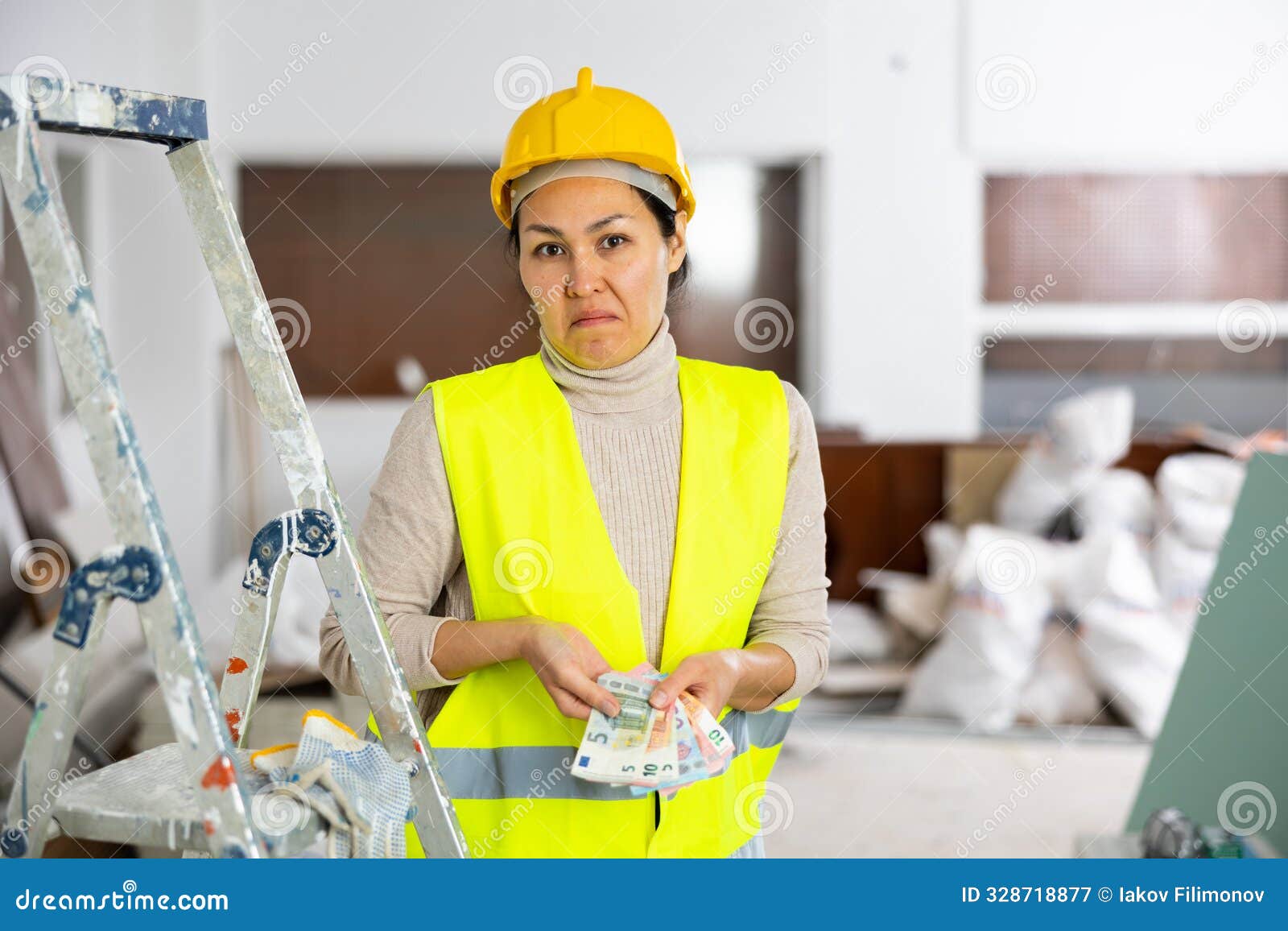 Female Builder is Unhappy with the Money Received for Work Done Stock ...
