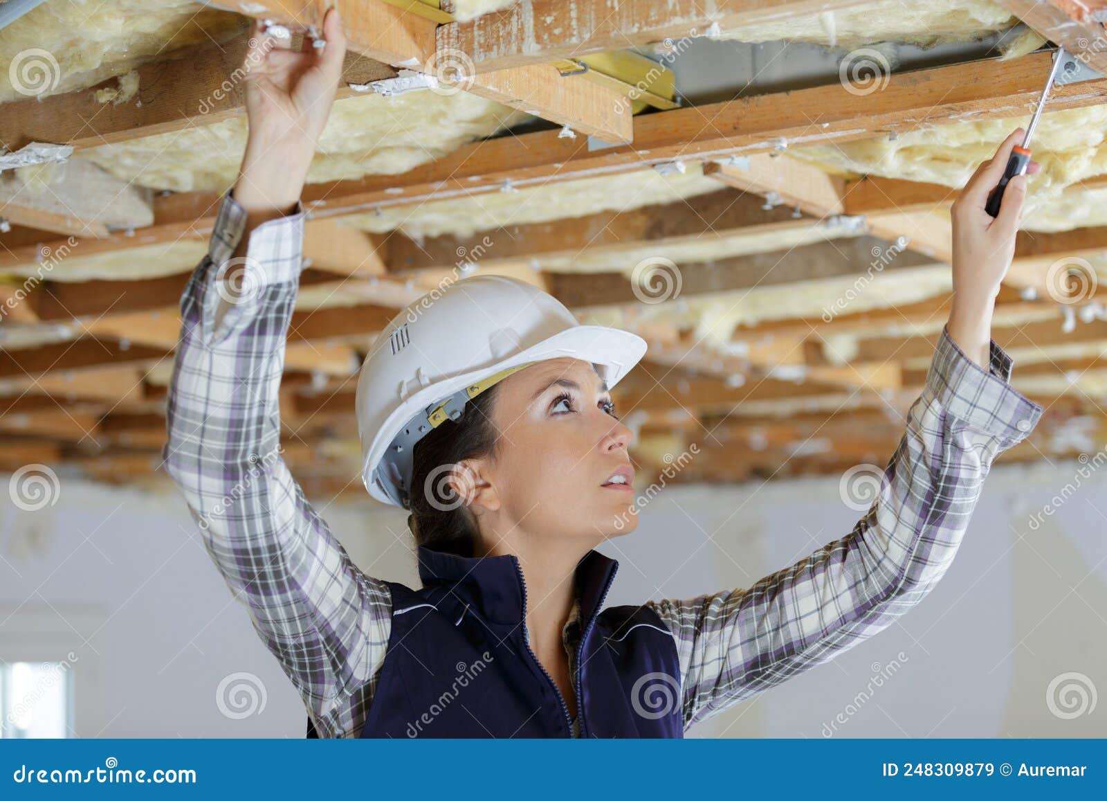 Female Builder Working on Ceiling Stock Image - Image of caucasian ...