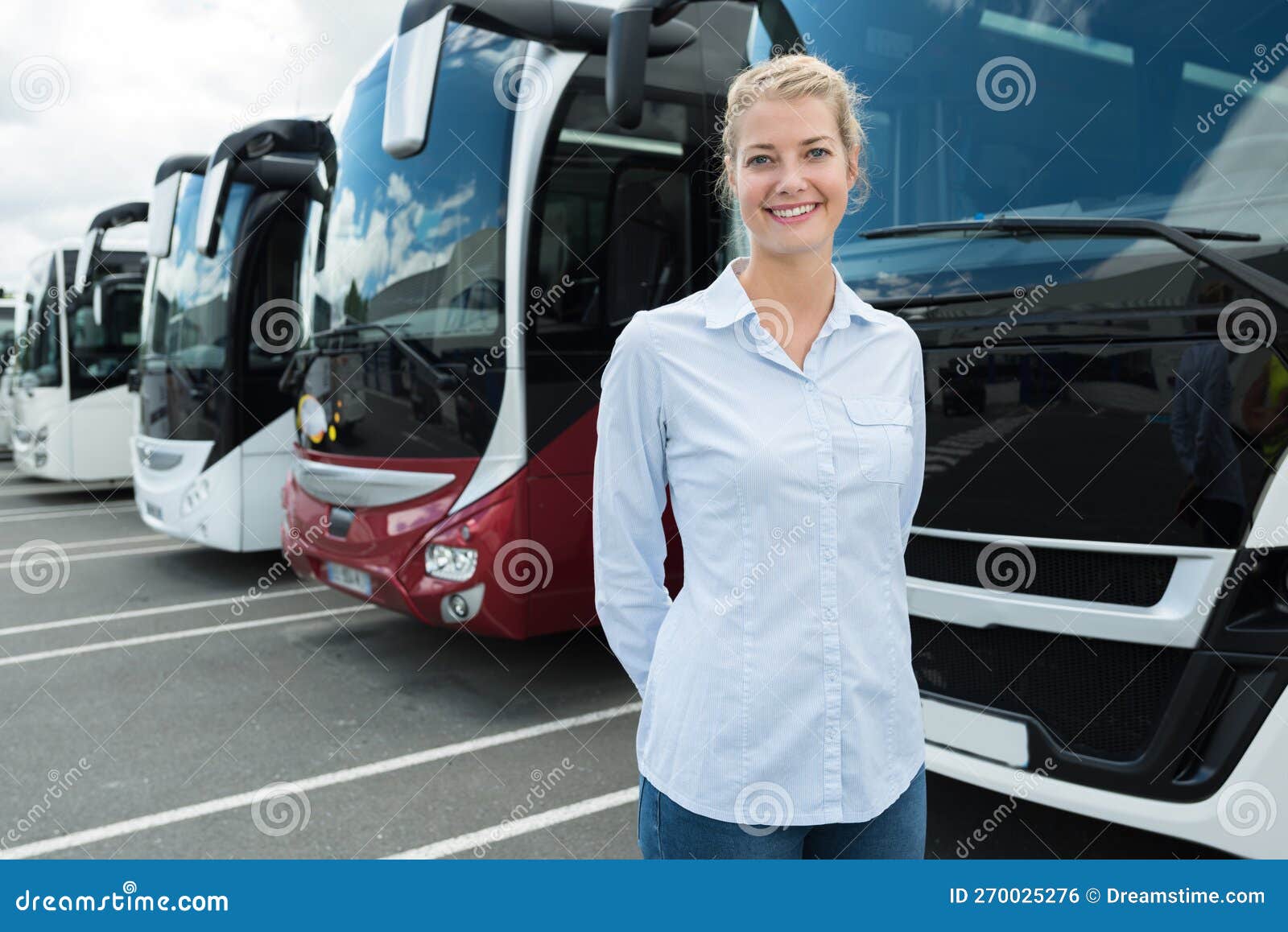 Female Bus Operator Posing in Front Buses Stock Photo - Image of public ...