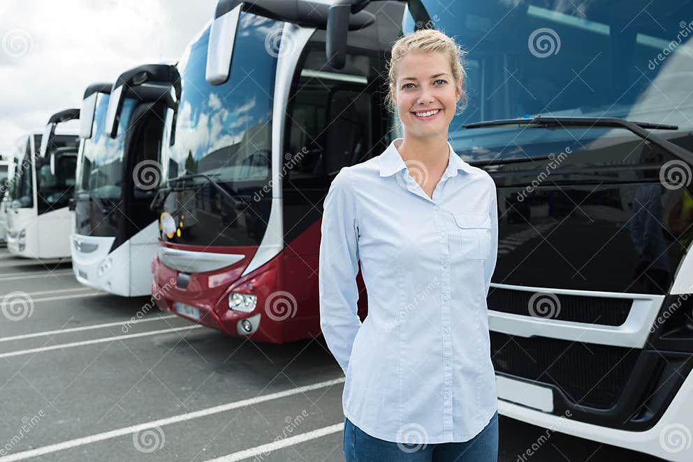 Female Bus Operator Posing in Front Buses Stock Photo - Image of public ...