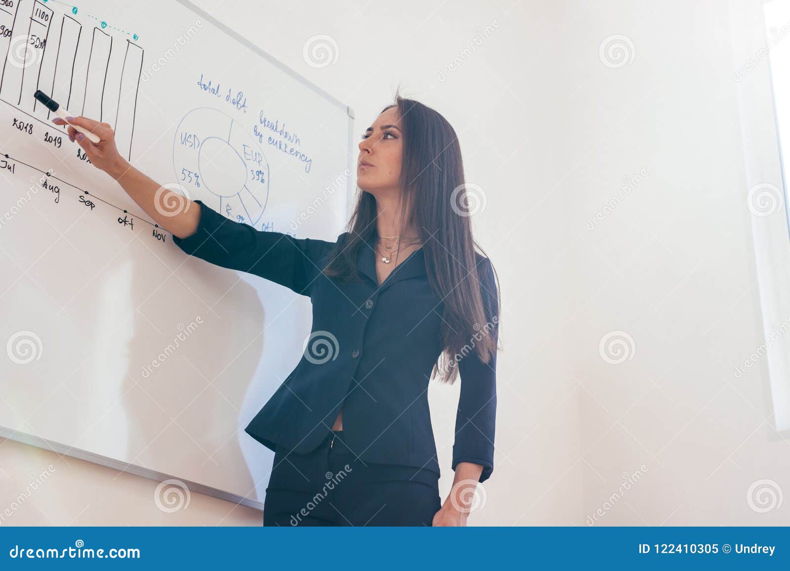 Female Business Trainer Giving Presentation on Whiteboard. Stock Image ...