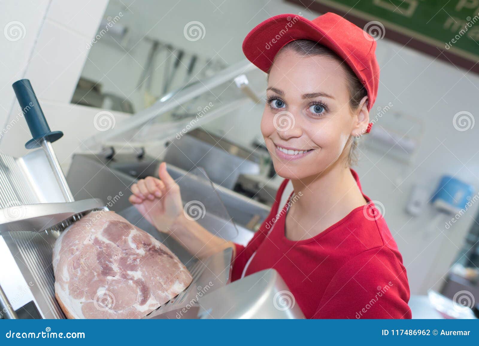 Female Butcher Cutting Meat on Machine Stock Photo - Image of organic ...