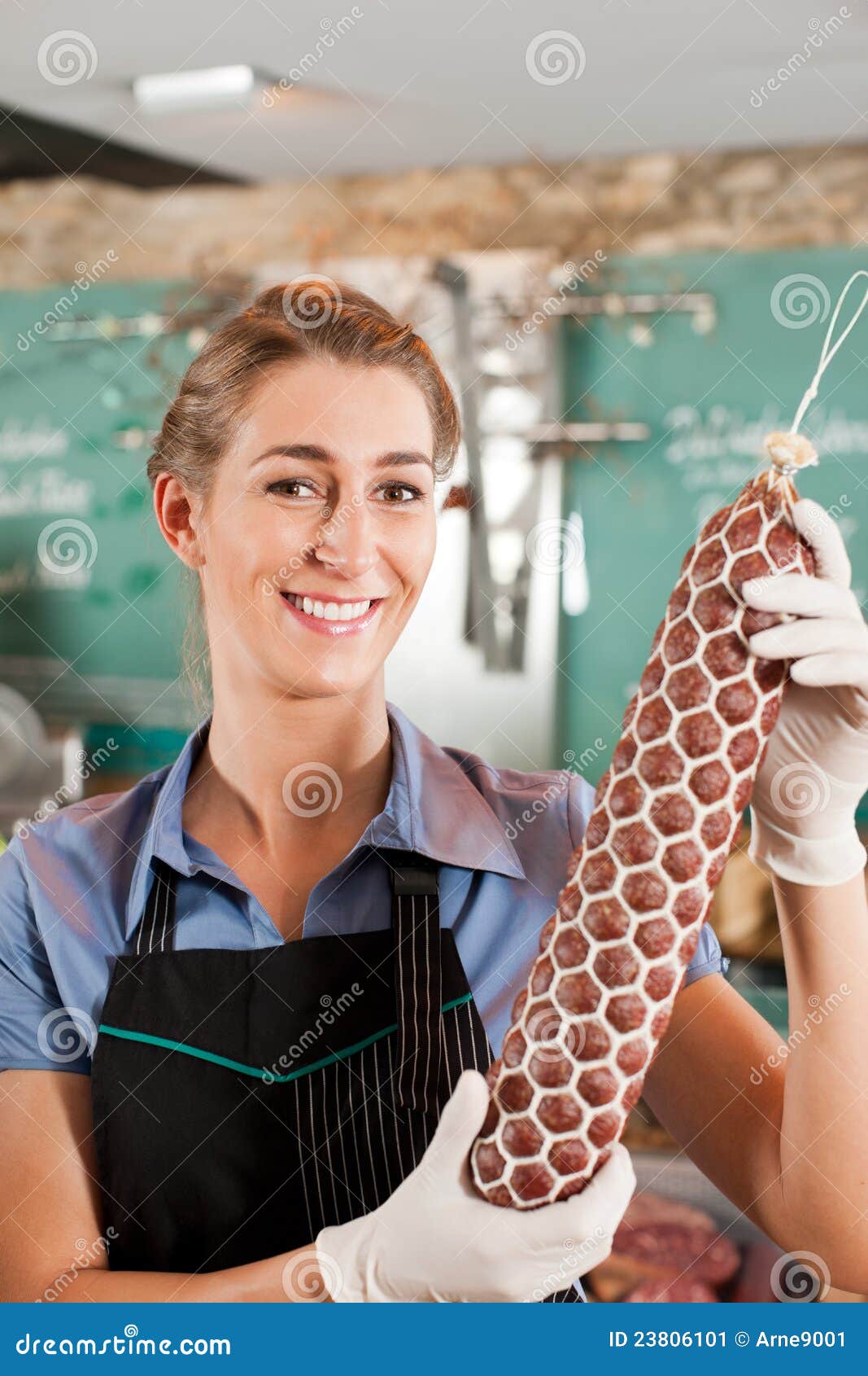 Female Butcher with Fresh Sausage Stock Image - Image of smiling, food ...