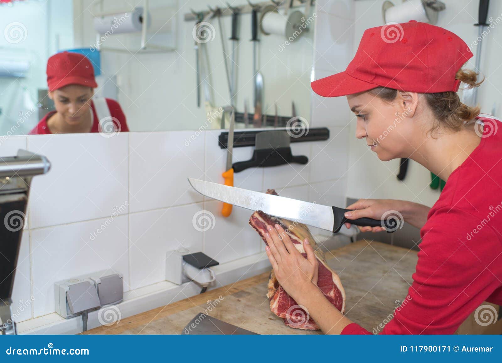 Female Butcher Slicing Meat Stock Image - Image of food, blade: 117900171